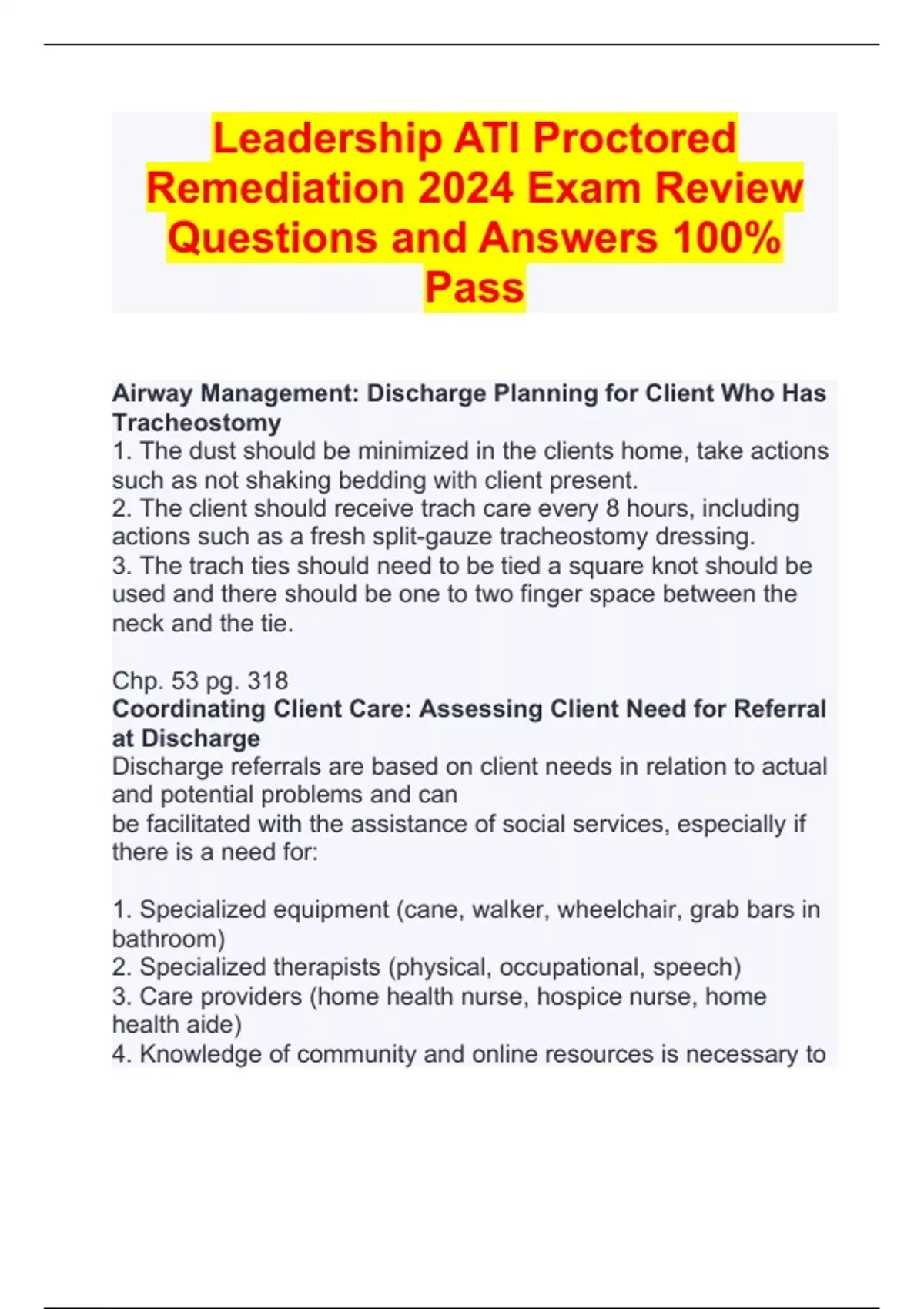 Leadership ATI Proctored Remediation 2024 Exam Review Questions and Answers 100% Pass - ATI ...