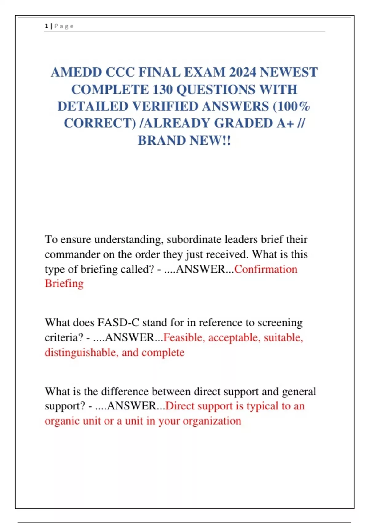 AMEDD CCC FINAL EXAM 2024 NEWEST COMPLETE 130 QUESTIONS WITH DETAILED ...