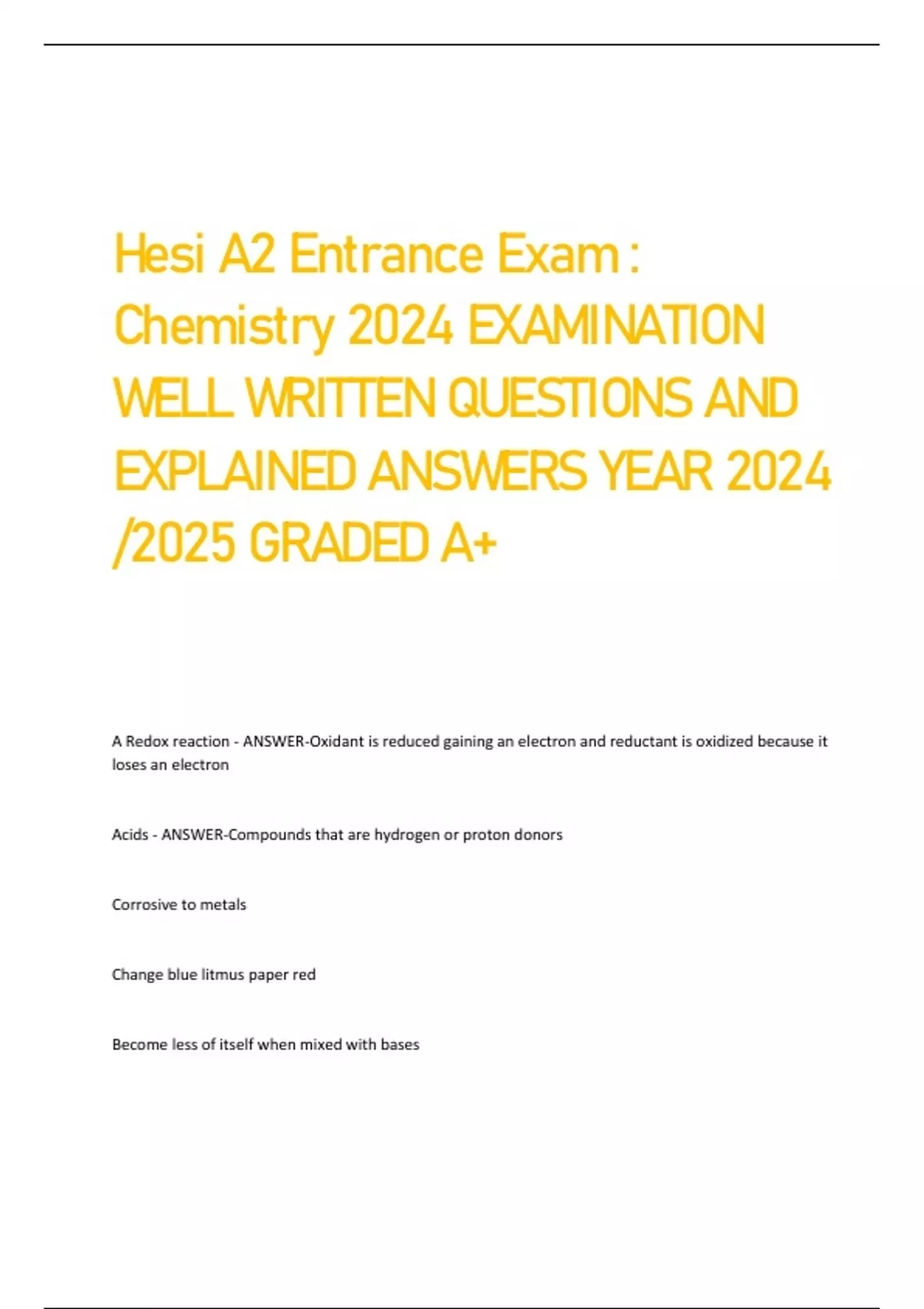 Hesi A2 Entrance Exam : Chemistry 2024 EXAMINATION WELL WRITTEN ...