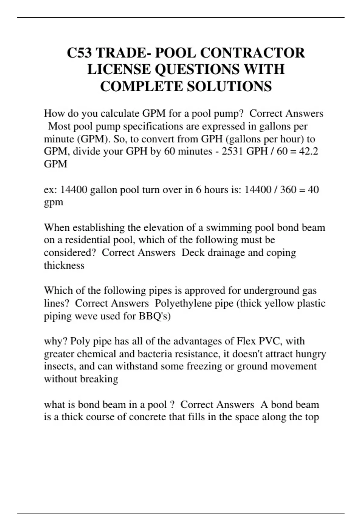 C53 TRADE- POOL CONTRACTOR LICENSE QUESTIONS WITH COMPLETE SOLUTIONS ...