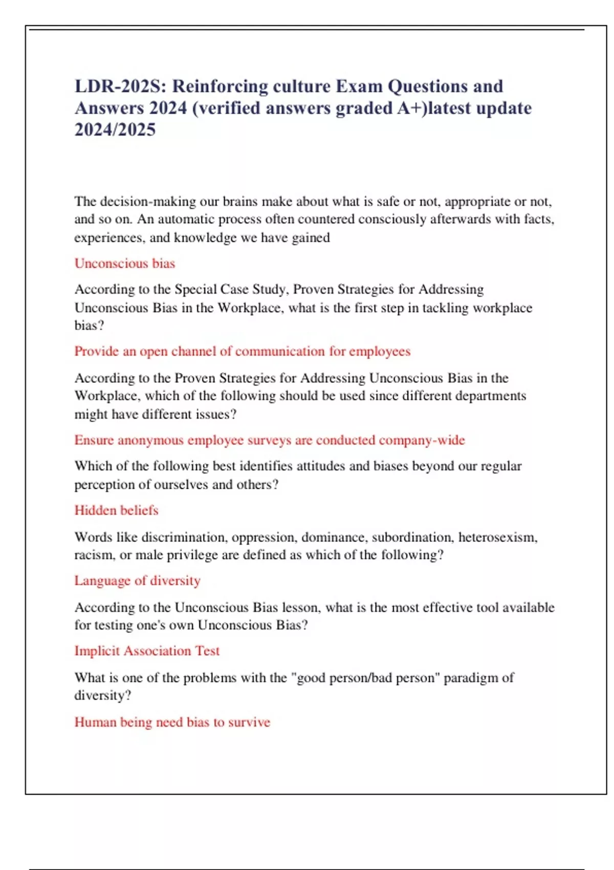 LDR-202S: Reinforcing culture Exam Questions and Answers 2024 (verified ...