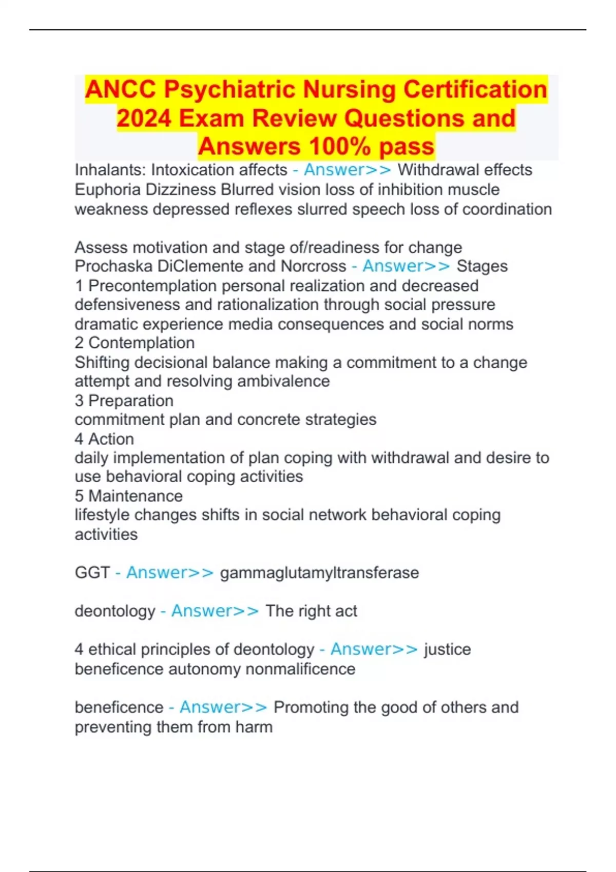 Ancc Psychiatric Nursing Certification 2024 Exam Review Questions And Answers 100 Pass Ancc