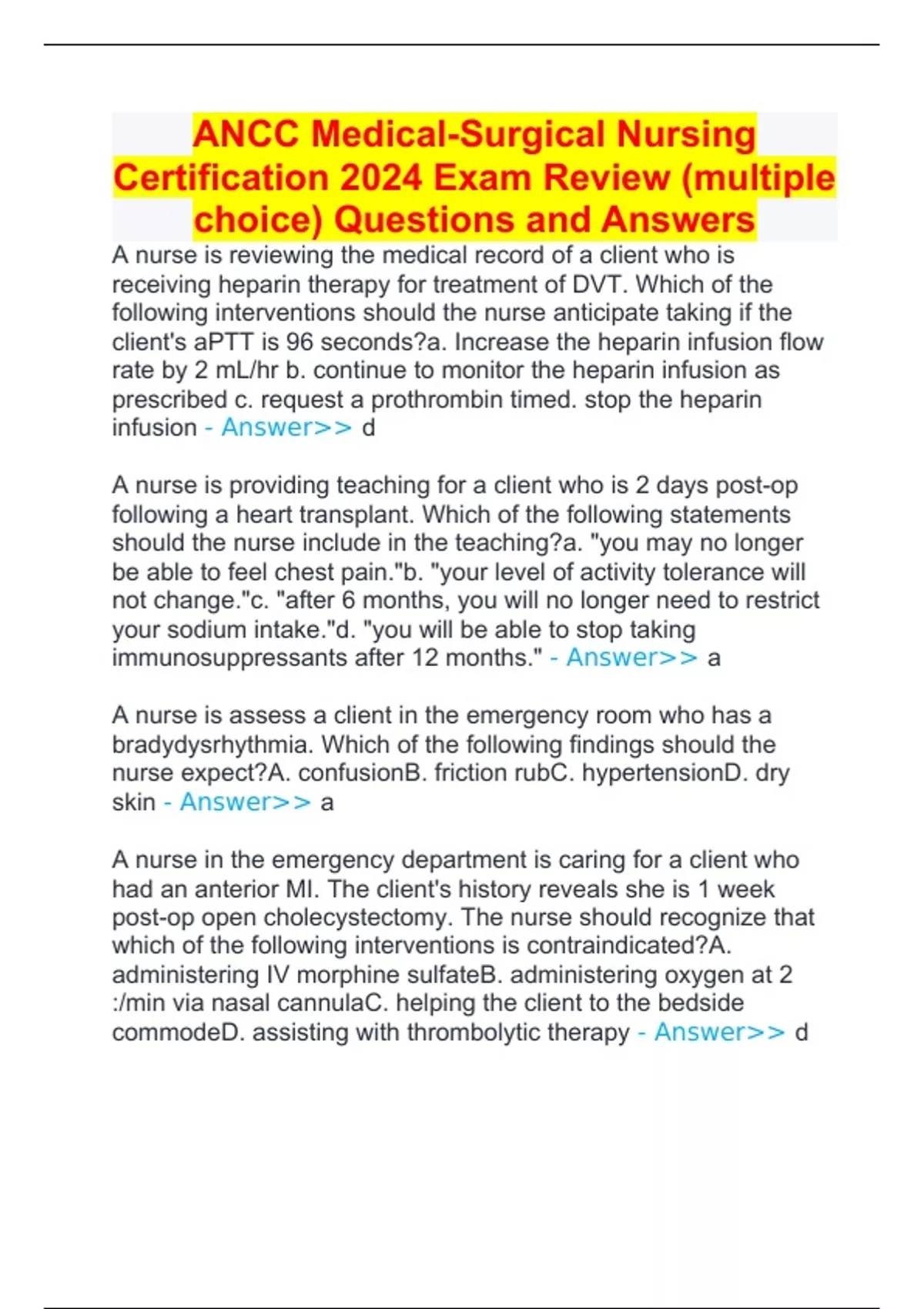 ANCC Medical-Surgical Nursing Certification 2024 Exam Review (multiple ...