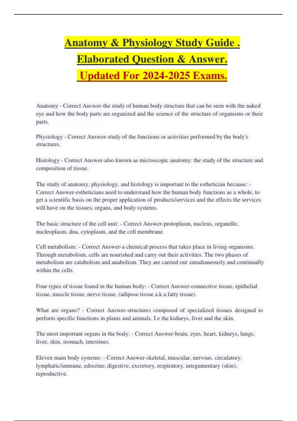 Anatomy & Physiology Study Guide. Elaborated Question & Answer. Updated ...