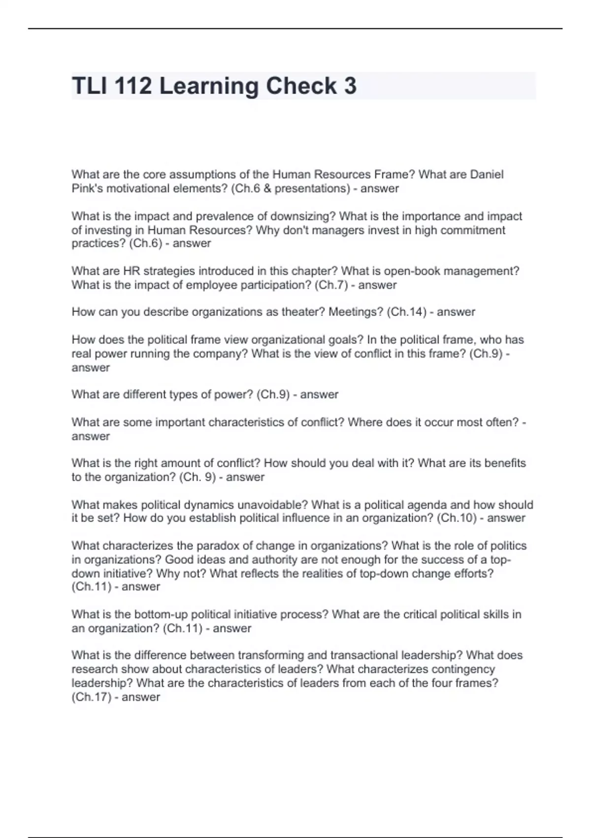 TLI 112 Learning Check 3, Questions with correct Answers - TLI - Stuvia US