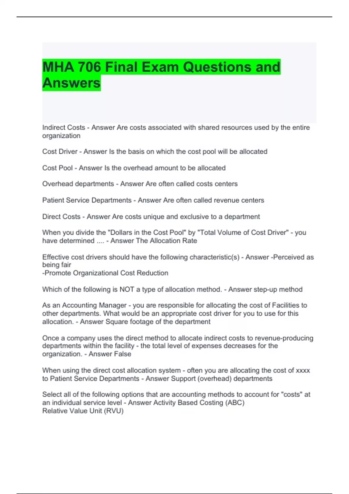 MHA 706 Final Exam Questions and Answers - MHA 706 - Stuvia US