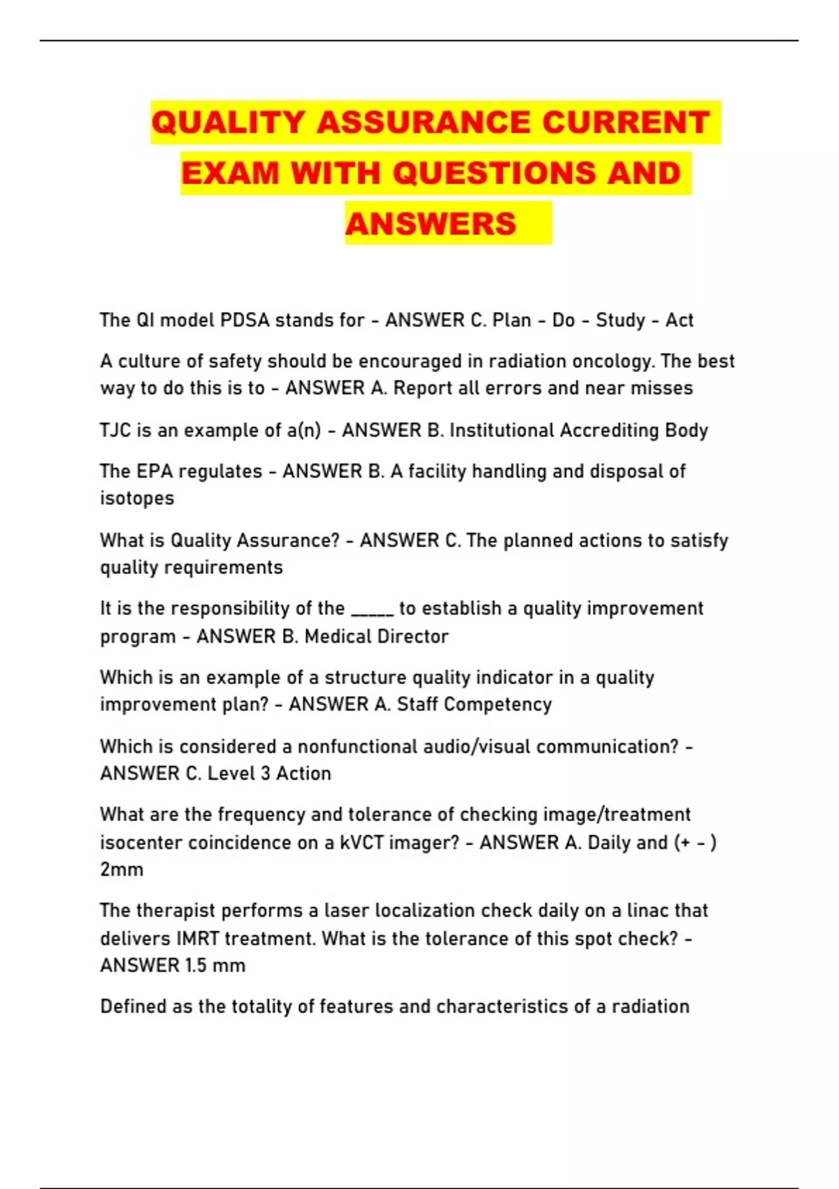 QUALITY ASSURANCE CURRENT EXAM WITH QUESTIONS AND ANSWERS - QUALITY ASSURANCE - Stuvia US