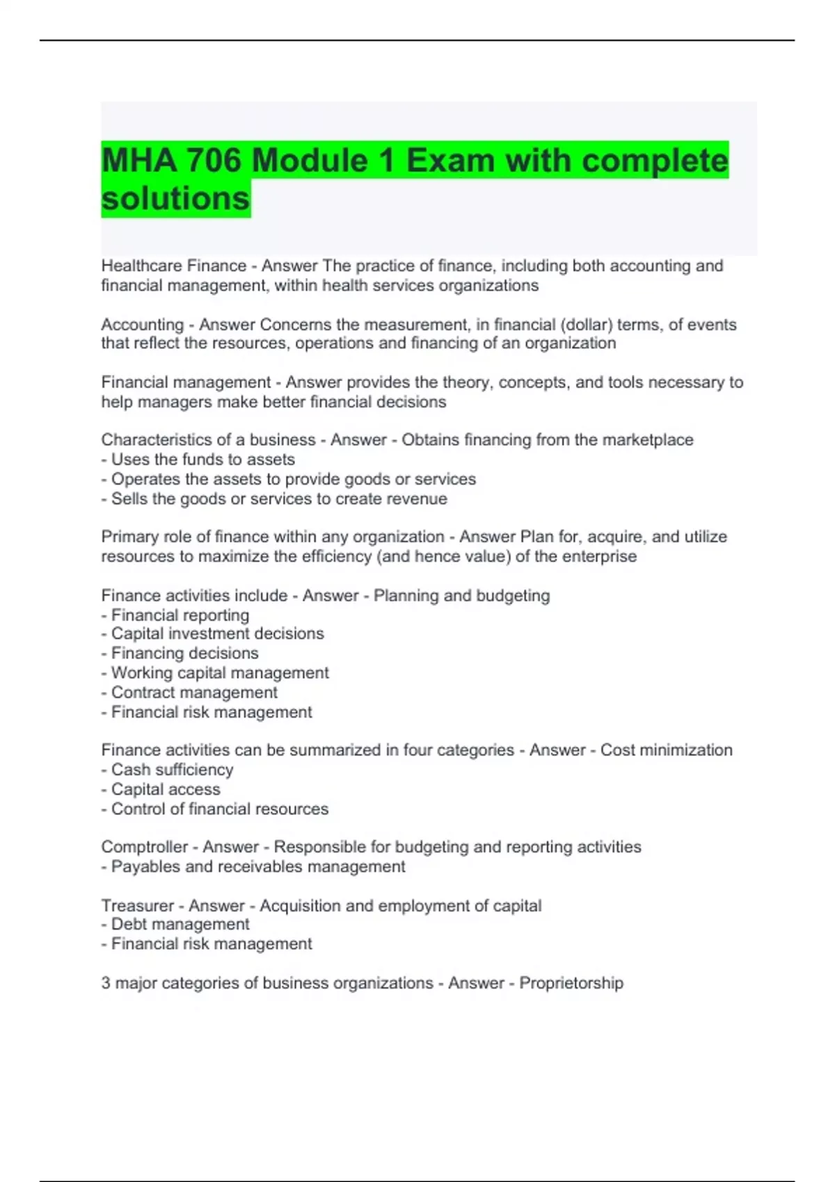 MHA 706 Module 1 Exam with complete solutions - MHA 706 - Stuvia US