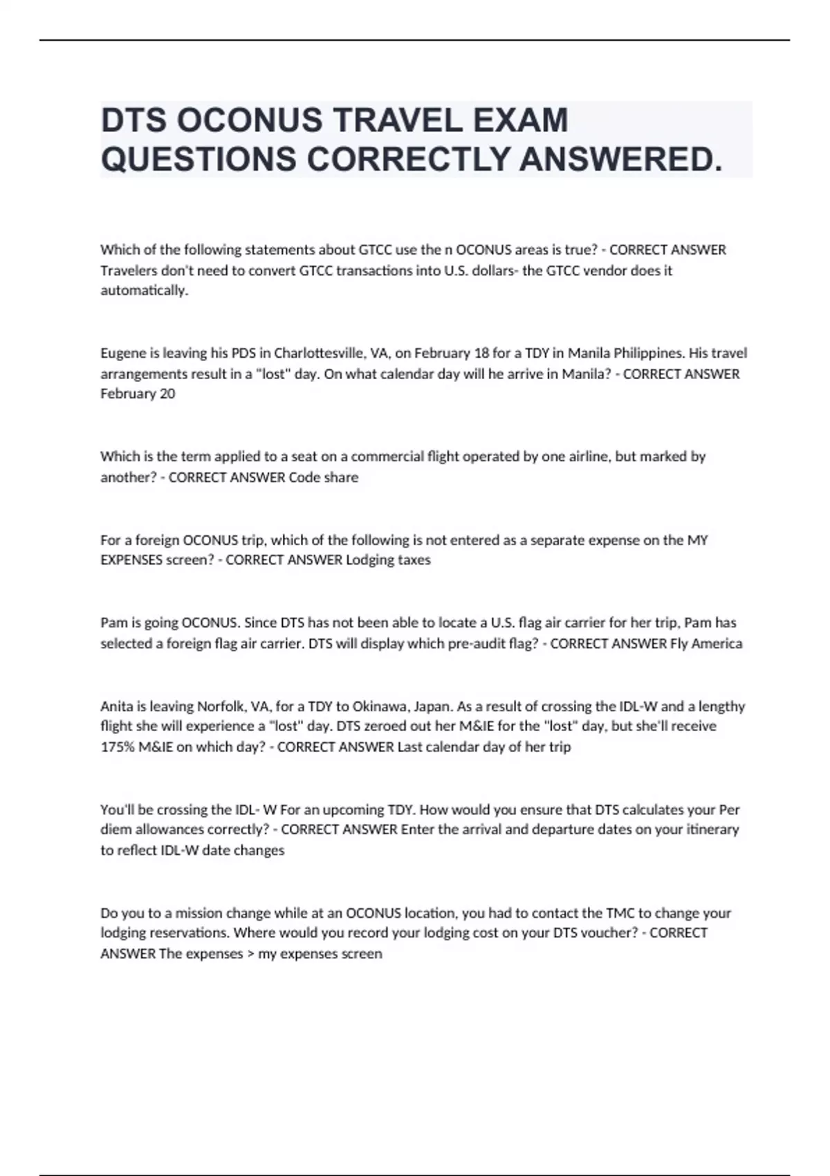 DTS OCONUS TRAVEL EXAM QUESTIONS CORRECTLY ANSWERED. - DTS - Stuvia NL