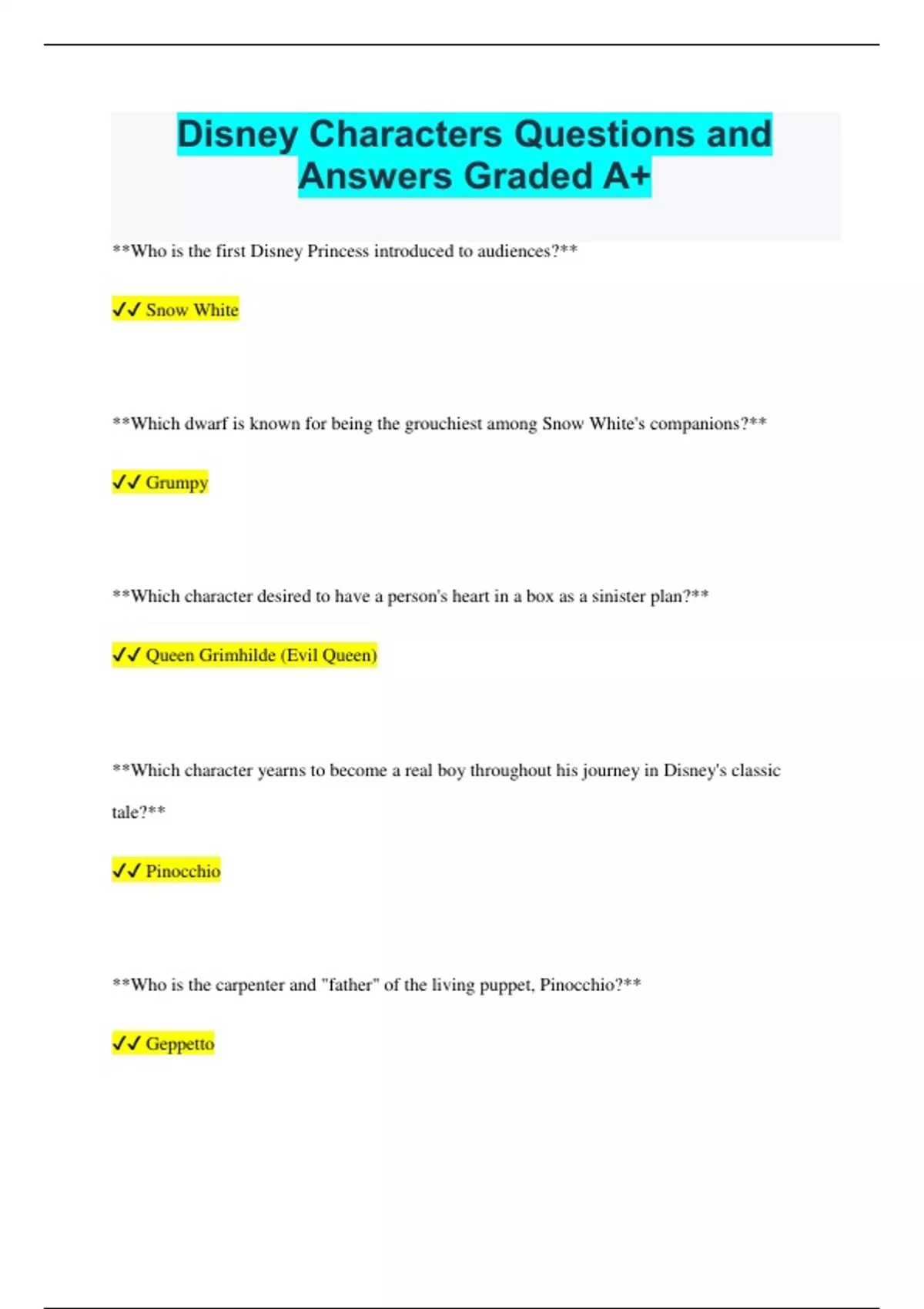 Disney Characters Questions and Answers Graded A+ - Disney Characters ...