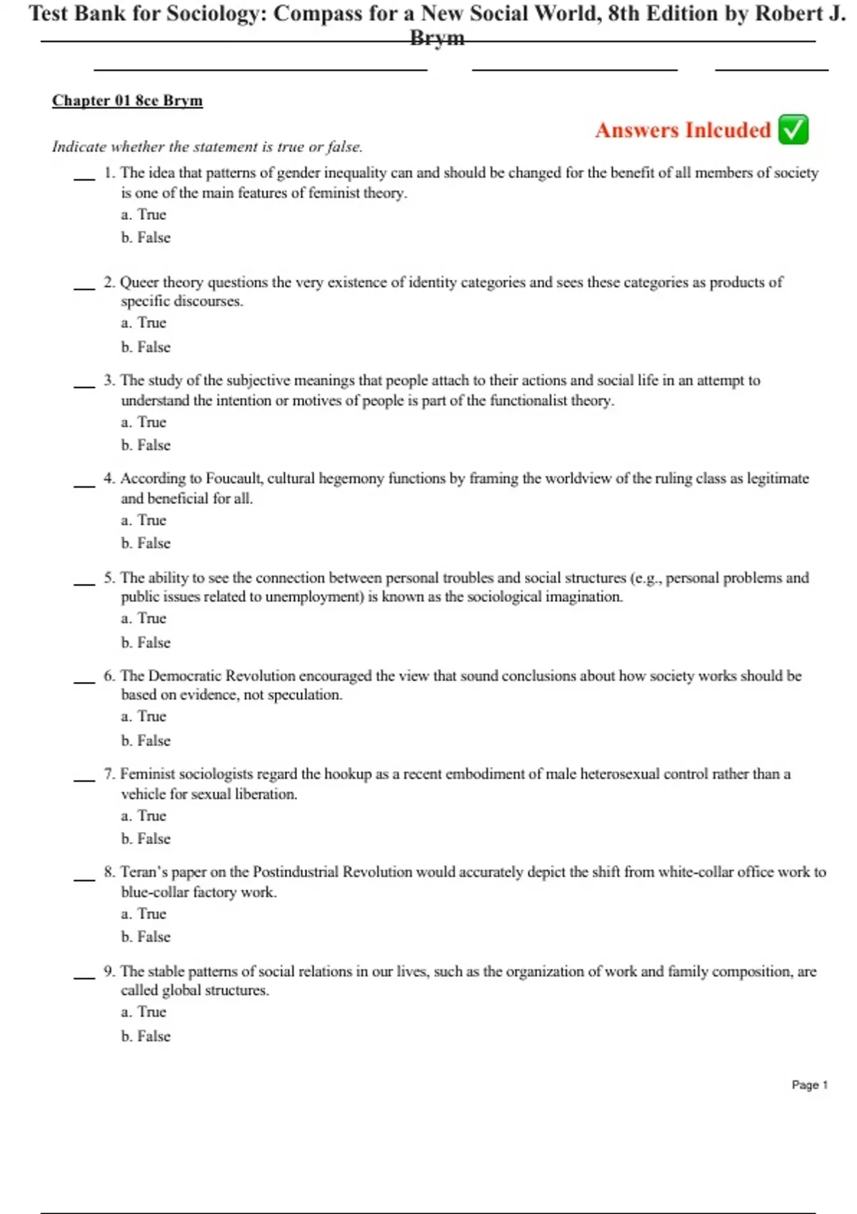 Test Bank for Sociology: Compass for a New Social World, 8th Edition by ...