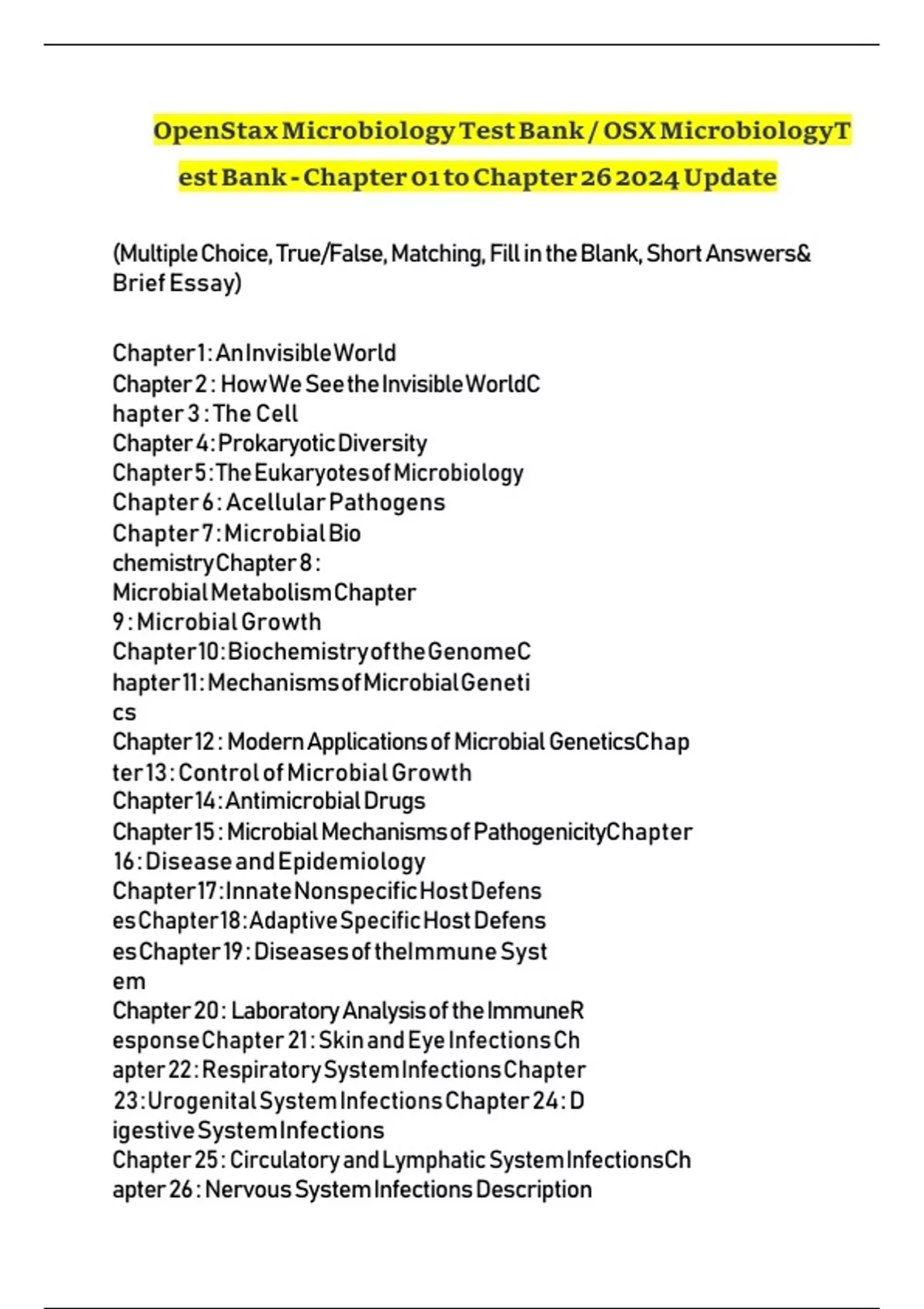 Test Bank For Microbiology by OpenStax 978-1938168147 Chapter 1-26 ...