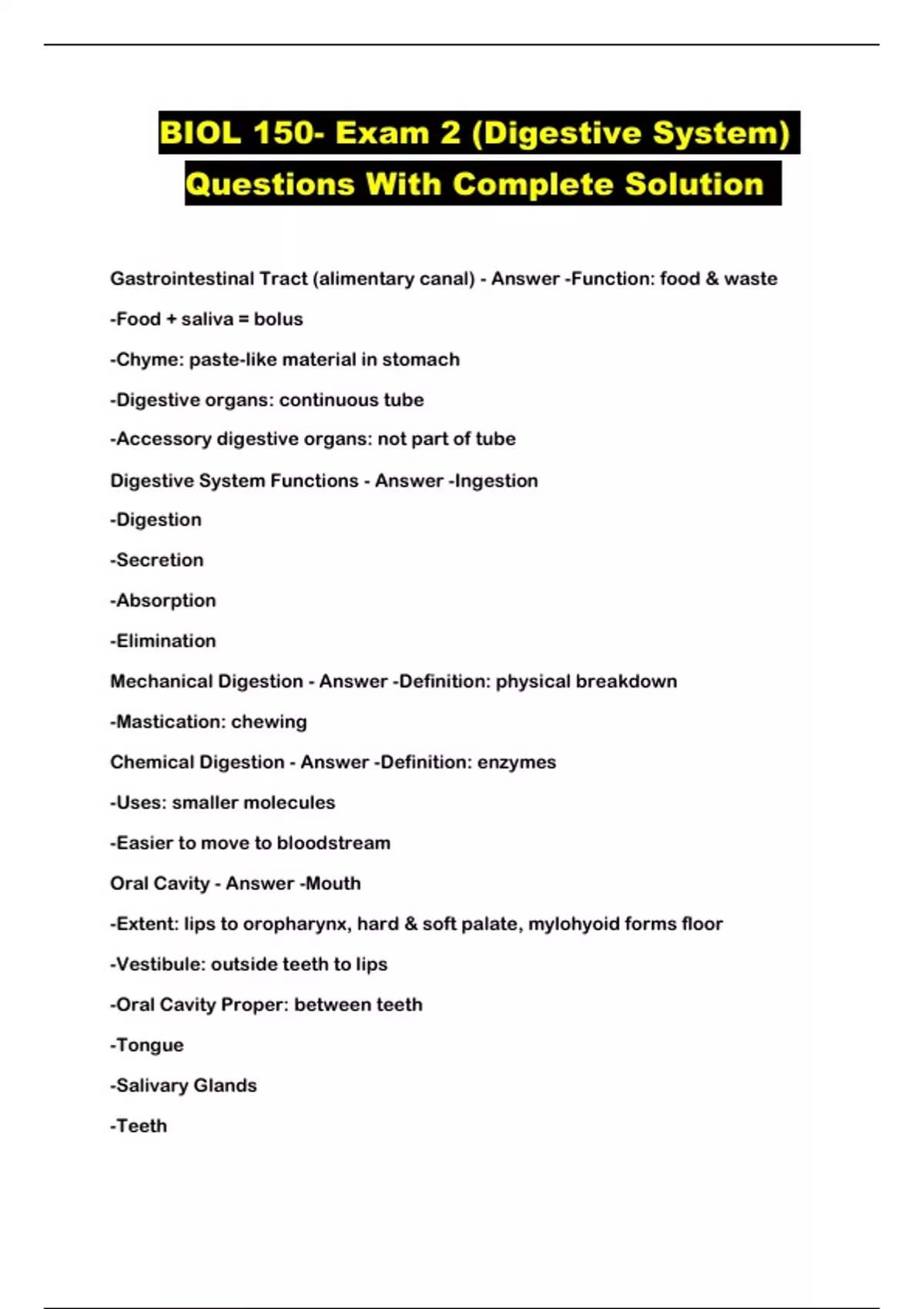 BIOL 150- Exam 2 (Digestive System) Questions With Complete Solution - BIOL 150 - Stuvia US