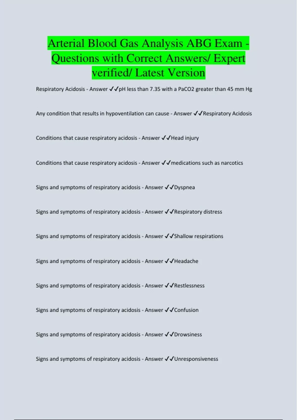 Arterial Blood Gas Analysis ABG Exams Bundle - Questions with Correct ...