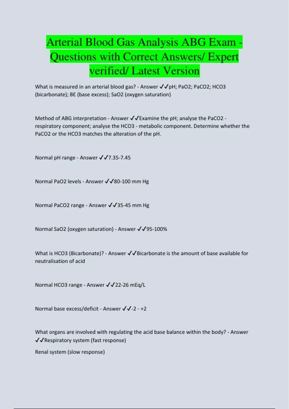 Arterial Blood Gas Analysis ABG Exam - Questions with Correct Answers ...