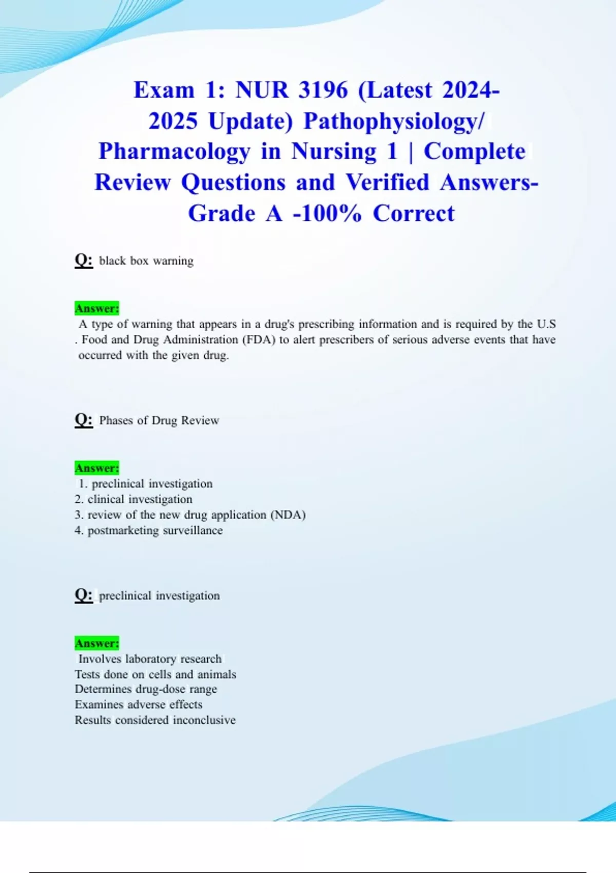 Exam 1: NUR 3196 (Latest Update) Pathophysiology/ Pharmacology in ...