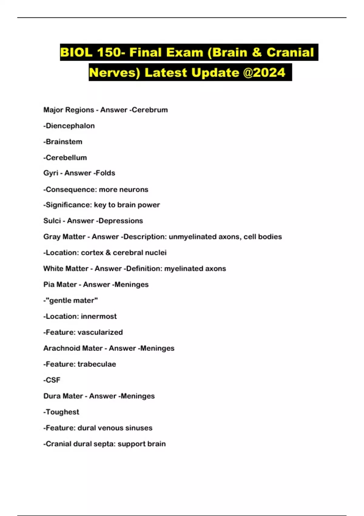 BIOL 150- Final Exam (Brain & Cranial Nerves) Latest Update @2024 ...