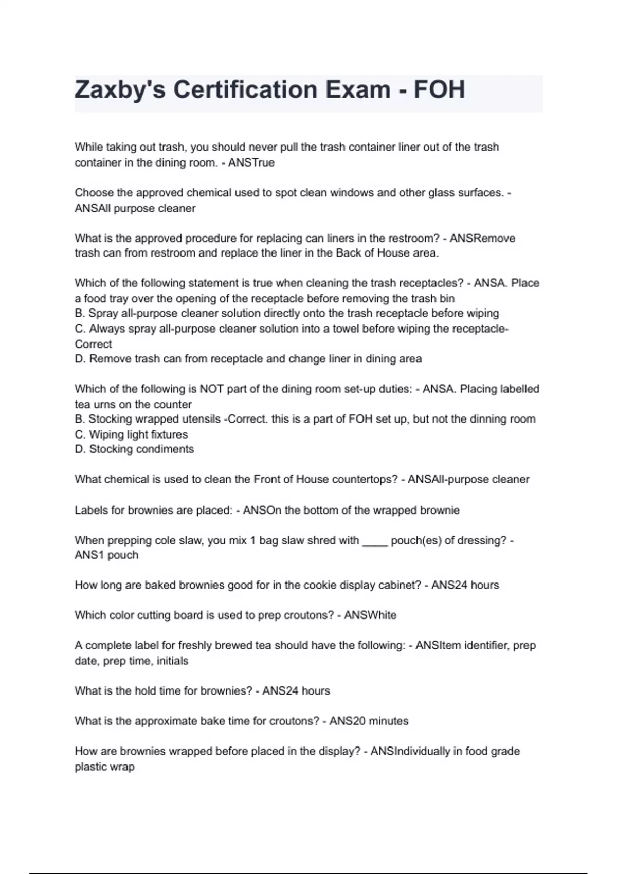 Zaxby's Certification Exam - FOH questions and answers rated A+ 2024/ ...