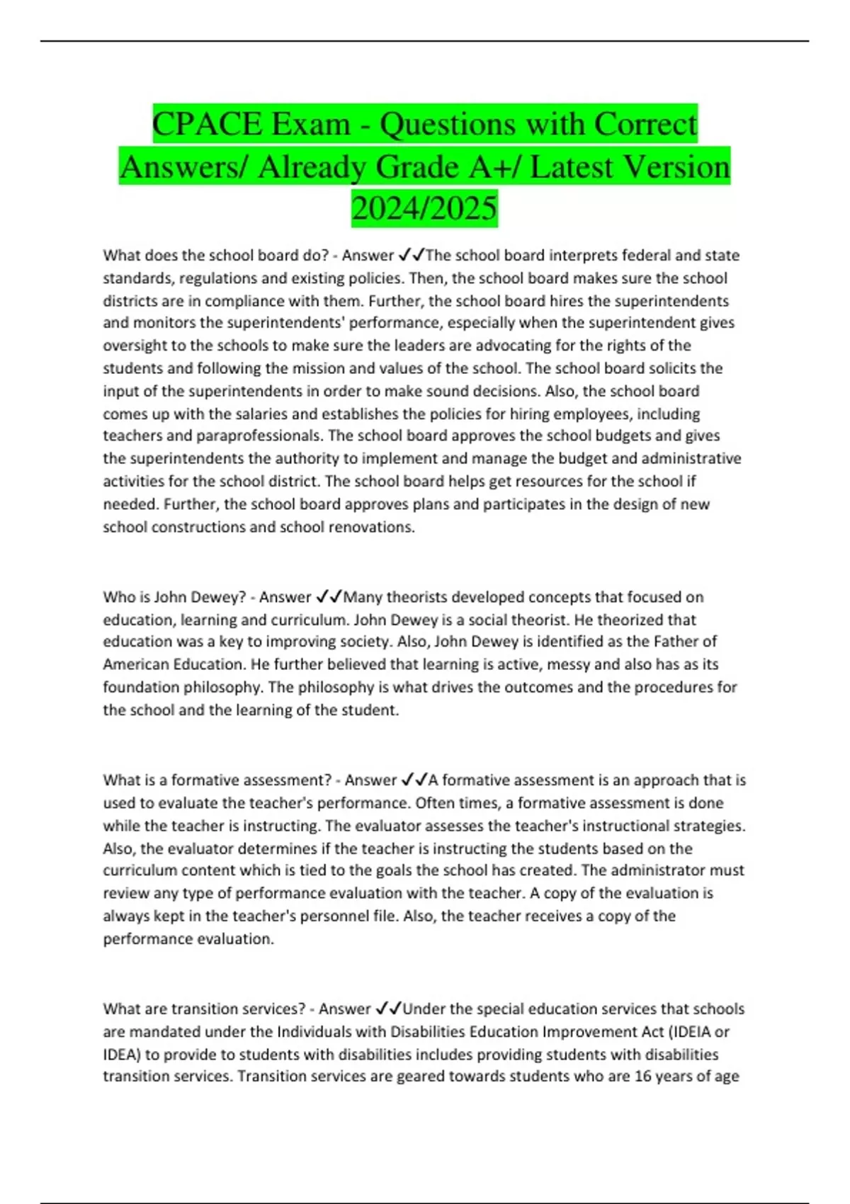 CPACE Exam - Questions with Correct Answers/ Already Grade A+/ Latest ...