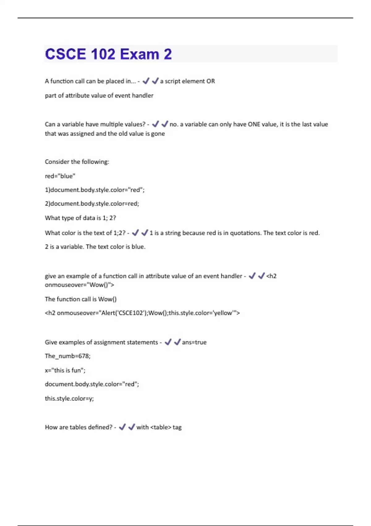 CSCE 102 Exam 2 Questions With 100% Correct Answers. - CSCE 102 - Stuvia US