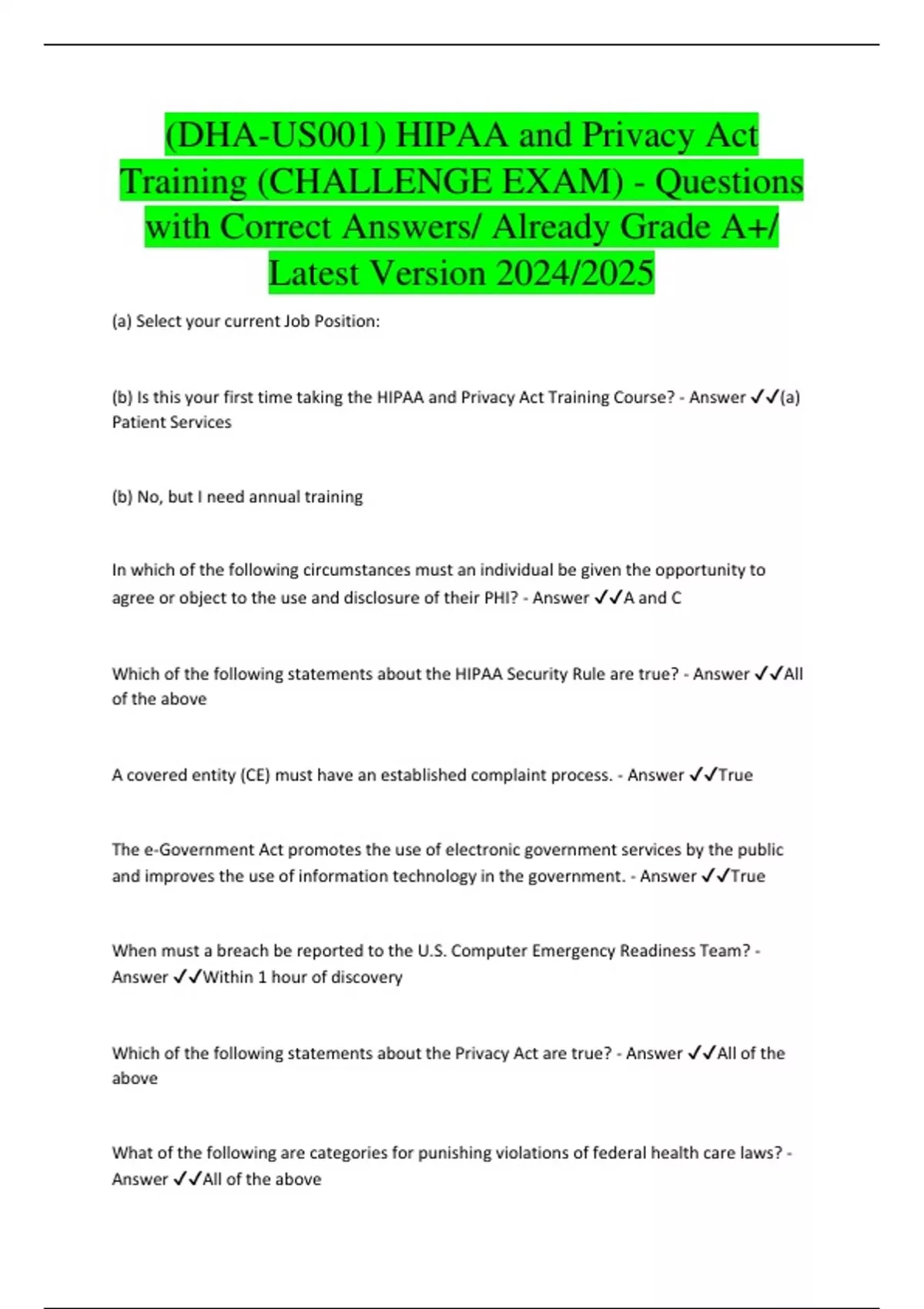 (DHA-US001) HIPAA and Privacy Act Training (CHALLENGE EXAM) - Questions ...