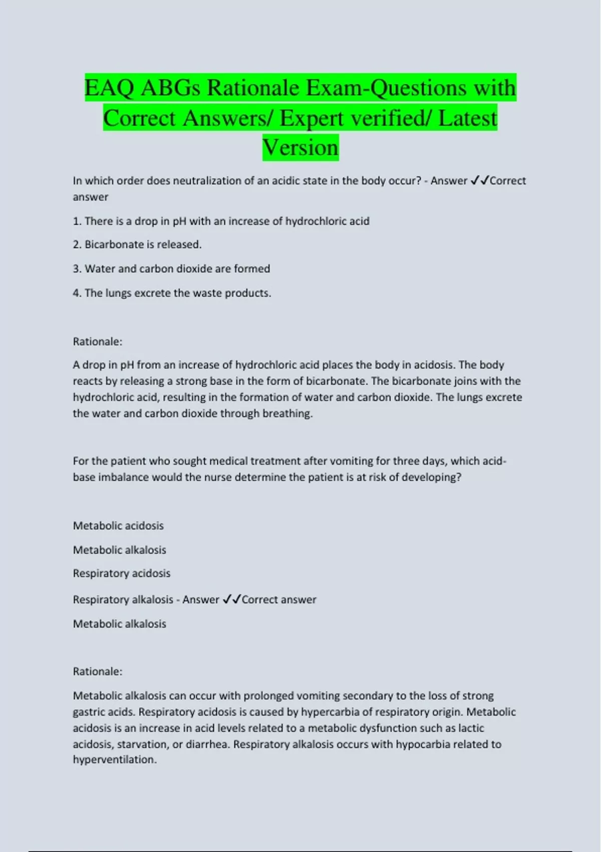 EAQ ABGs Rationale Exam-Questions with Correct Answers/ Expert verified ...