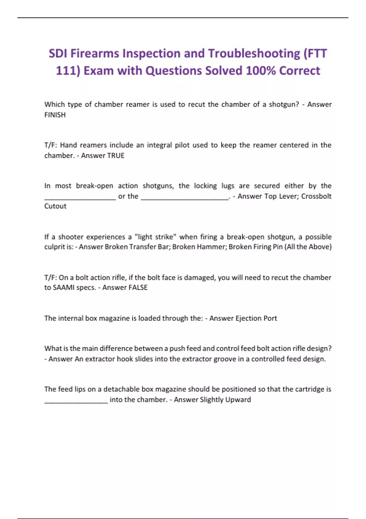 SDI Firearms Inspection and Troubleshooting (FTT 111) Exam with ...