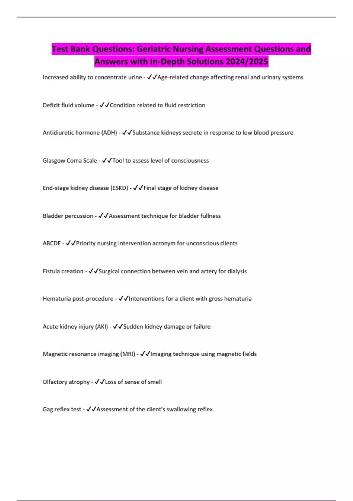 Test Bank Questions: Geriatric Nursing Assessment - Geriatric Nursing ...