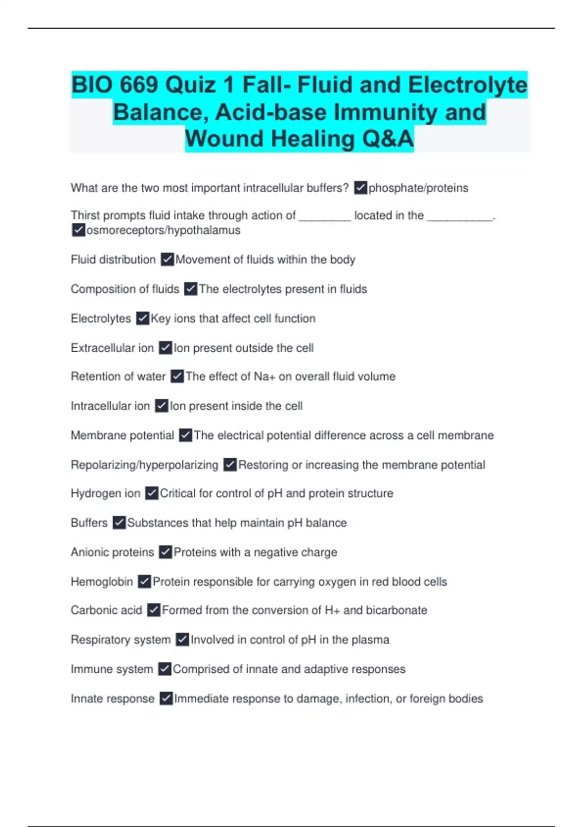 BIO 669 Quiz 1 Fall- Fluid and Electrolyte Balance, Acid-base Immunity ...