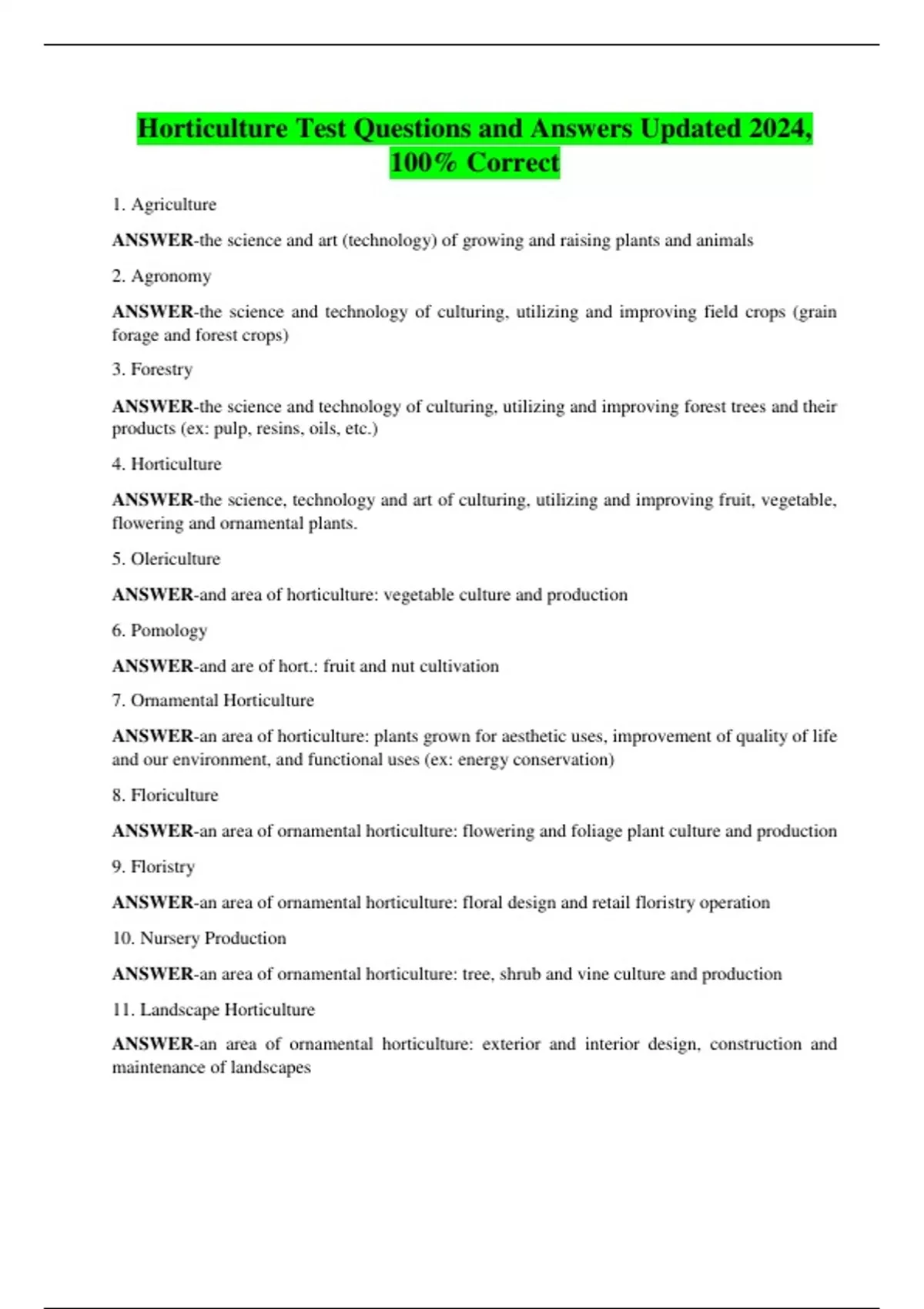 Horticulture Test Questions and Answers Updated 2024, 100% Correct ...