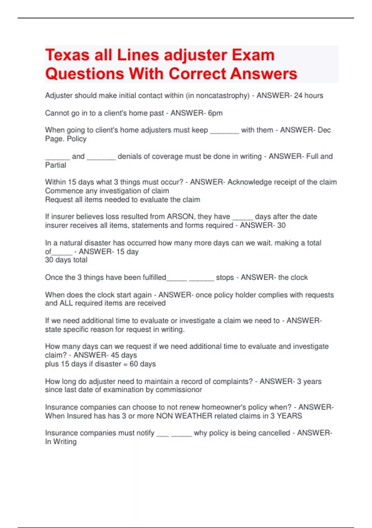 Texas all Lines adjuster Exam Questions With Correct Answers - Texas ...