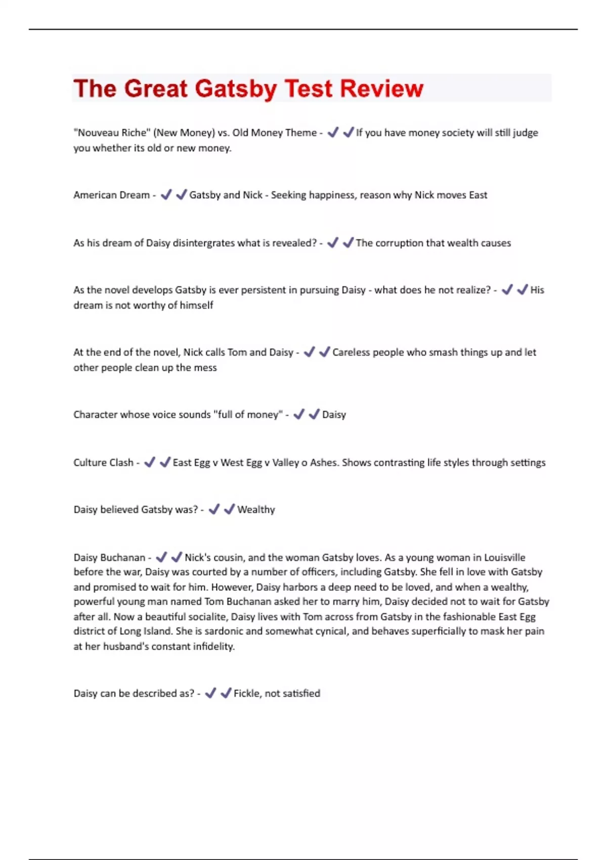 The Great Gatsby Test Review Questions and Answers(A+ Solution guide ...
