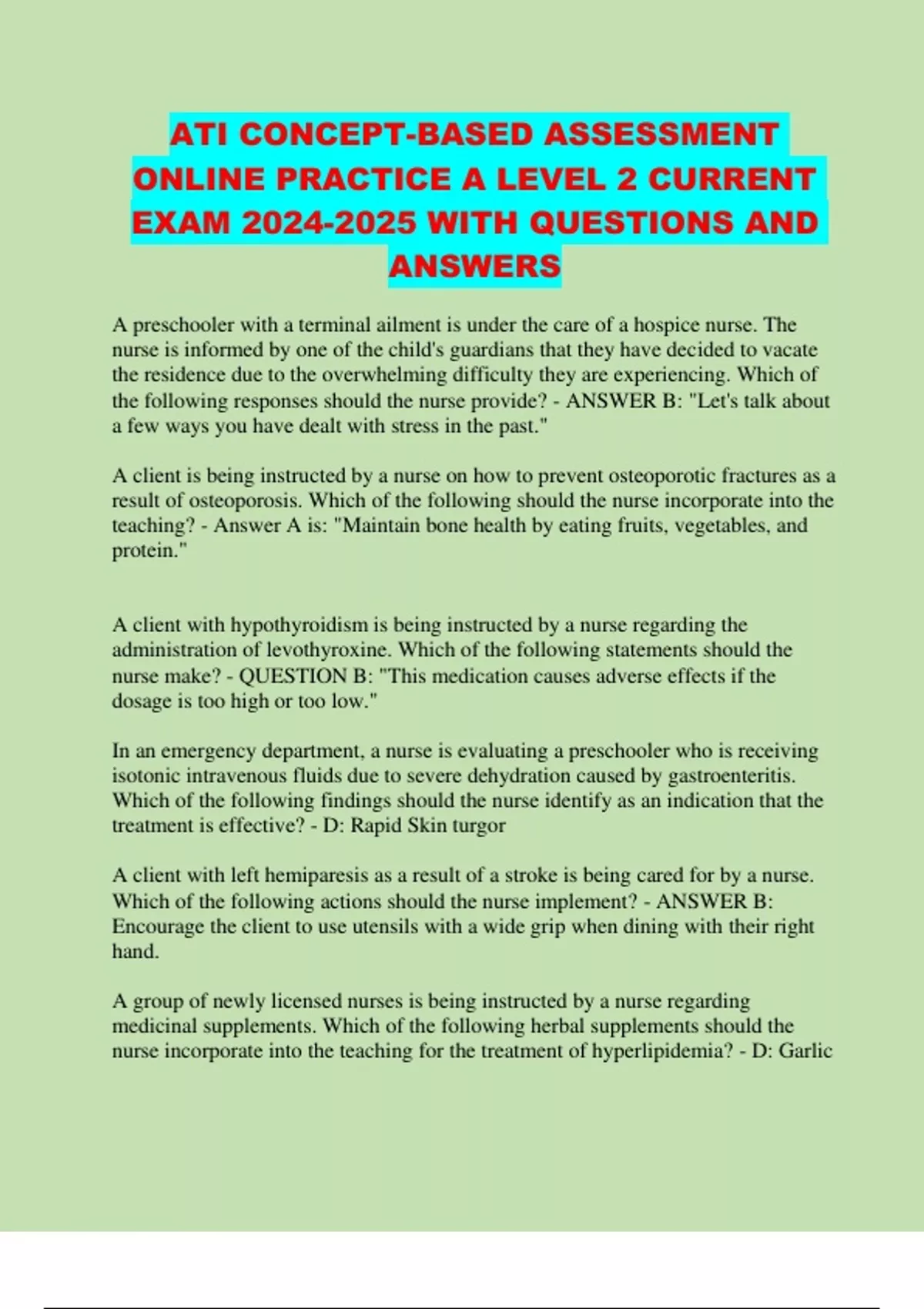 ATI CONCEPT-BASED ASSESSMENT ONLINE PRACTICE A LEVEL 2 CURRENT EXAM ...