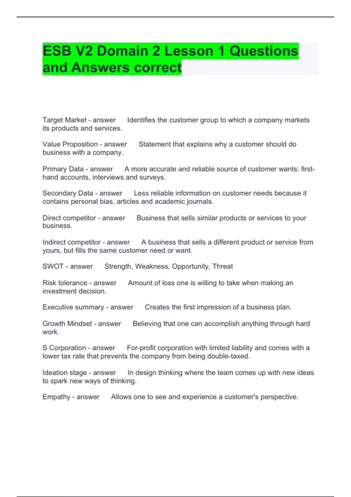 ESB V2 Domain 2 Lesson 1 Questions and Answers correct - Esb - Stuvia FR