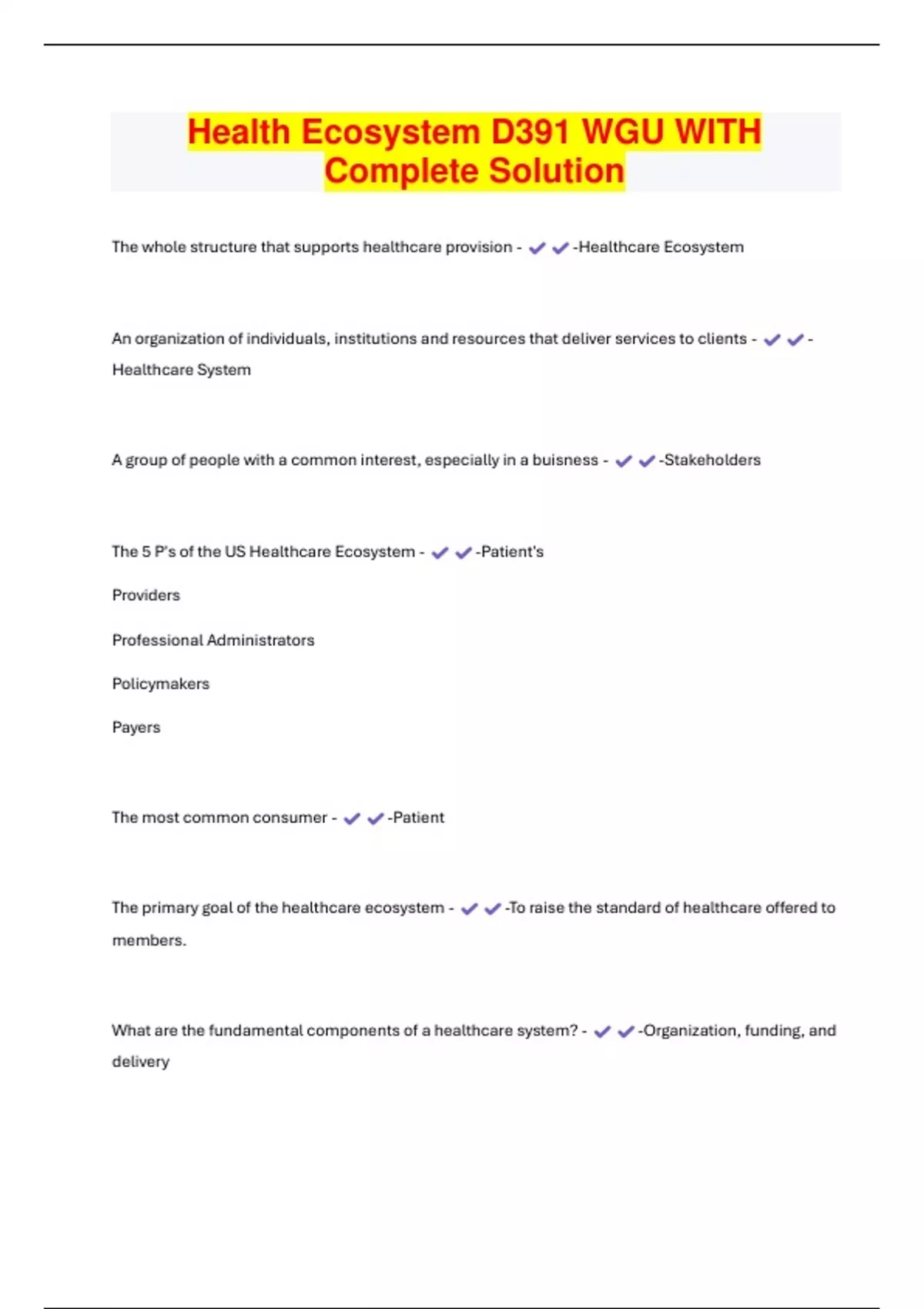 Health Ecosystem D391 WGU WITH Complete Solution - Health Ecosystem D391 WGU - Stuvia US