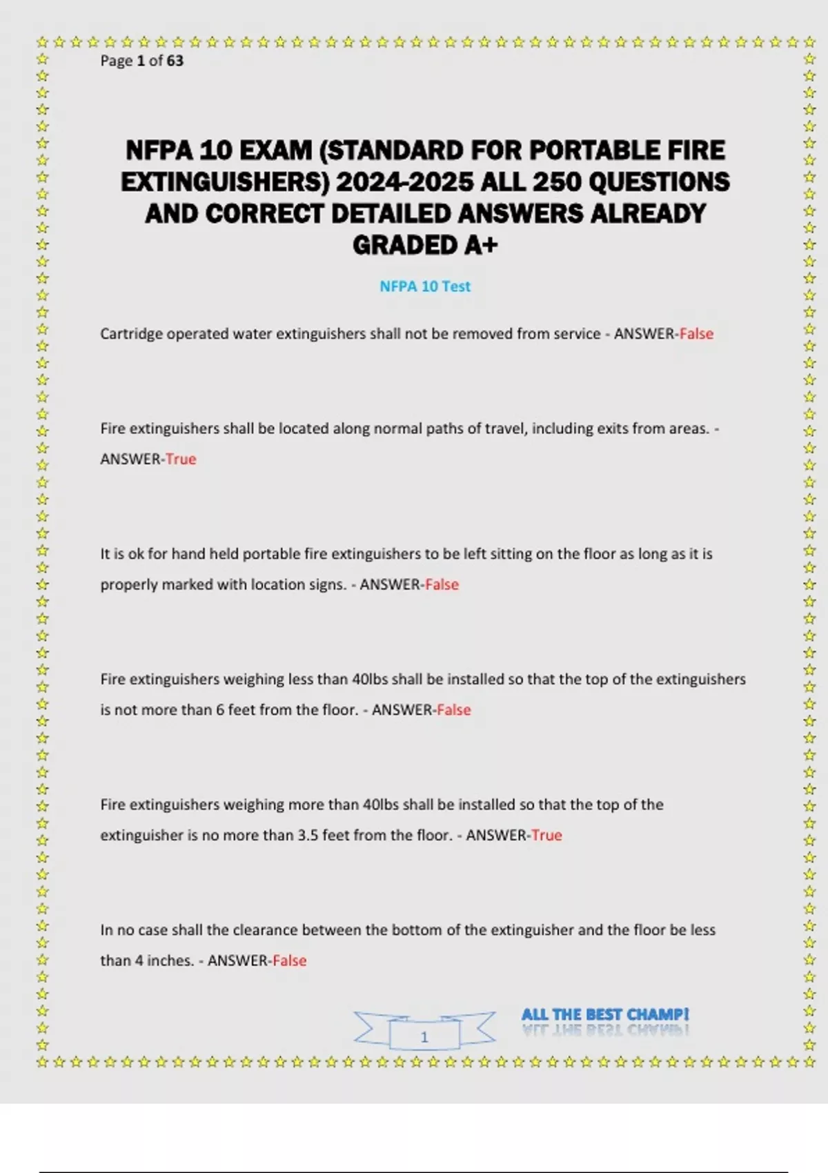 NFPA 10 EXAM (STANDARD FOR PORTABLE FIRE EXTINGUISHERS) ALL 250 QUESTIONS AND ANSWERS - NFPA 10 ...