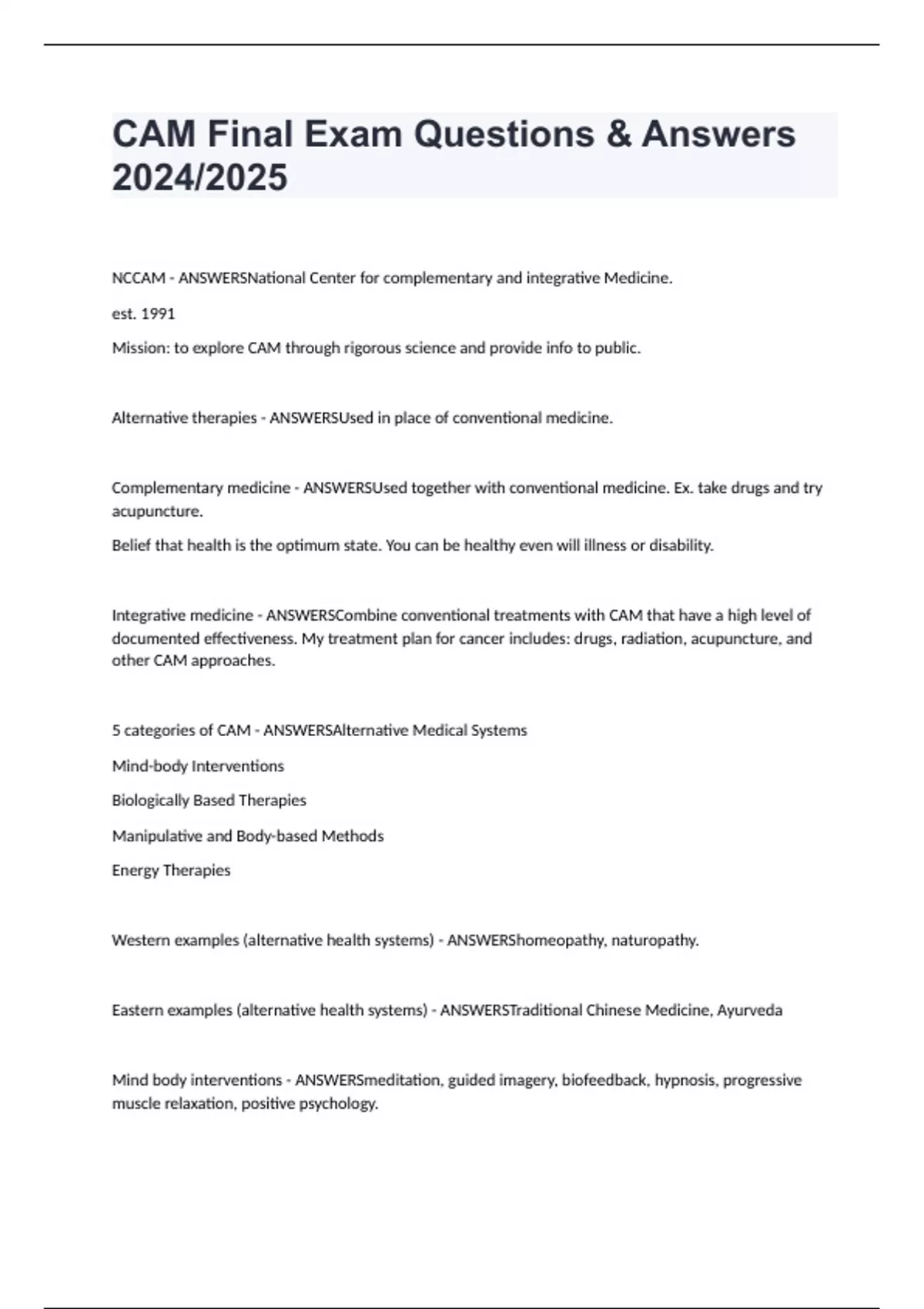 CAM Final Exam Questions & Answers 2024/2025 - CAM - Stuvia US