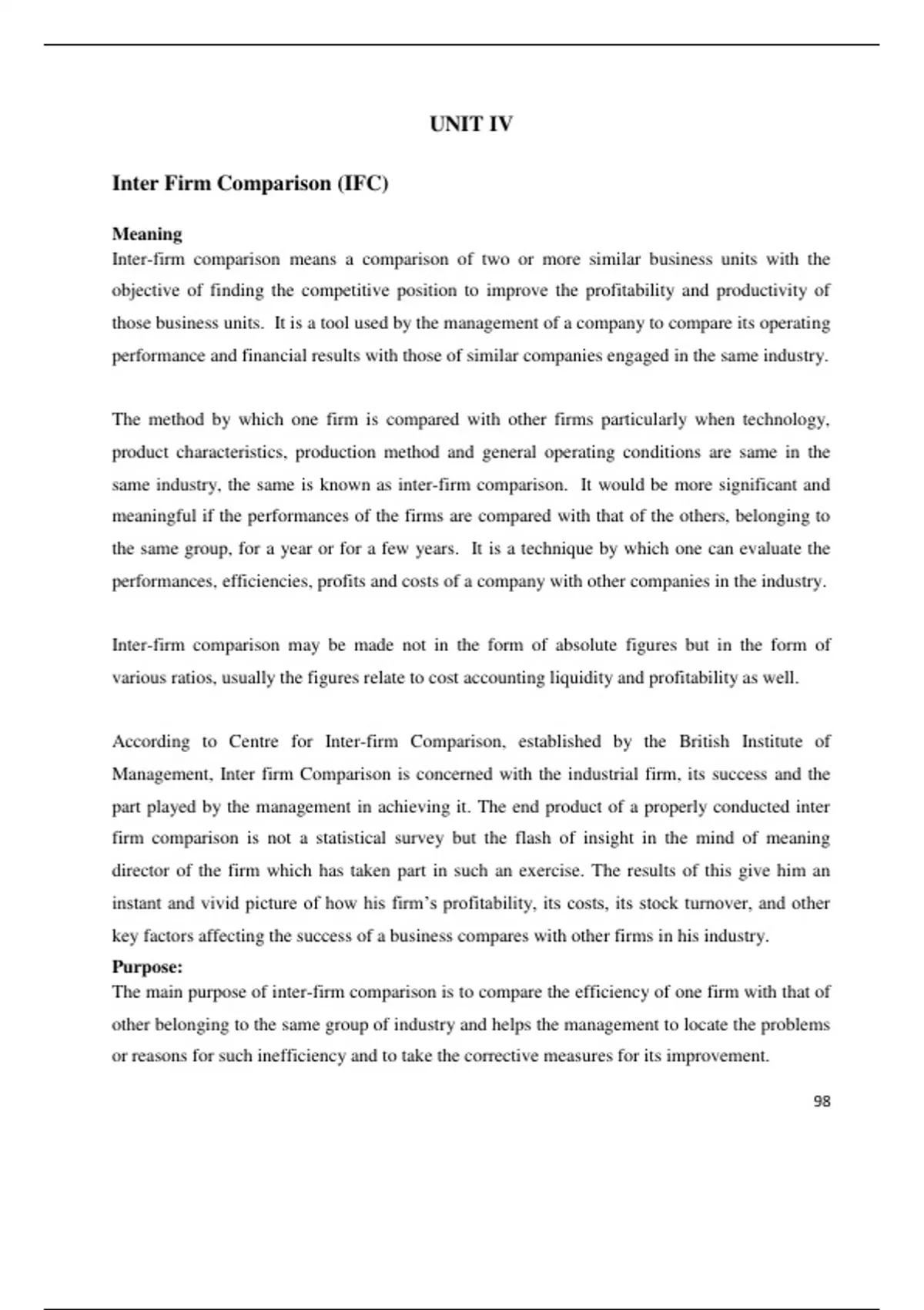 management accounting unit 4 Inter Firm Comparison (IFC) A+ latest ...