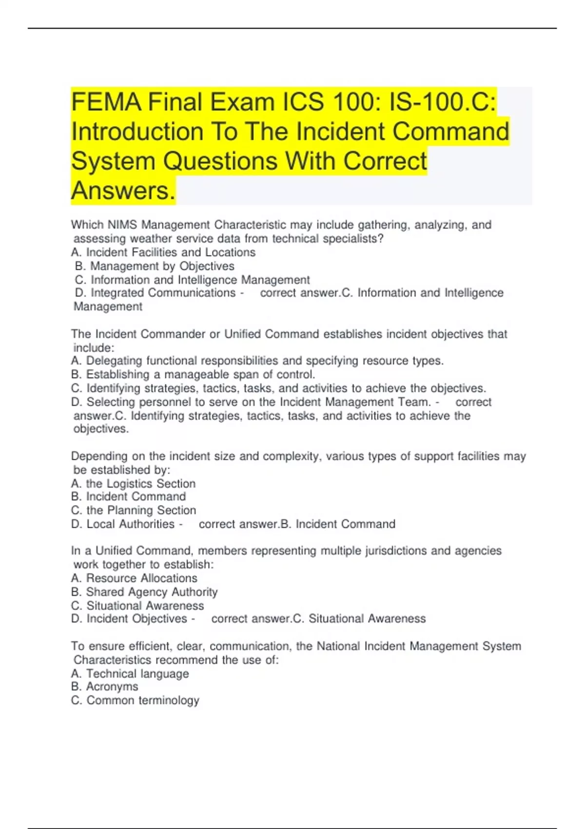 FEMA Final Exam ICS 100 IS 100 C Introduction To The Incident Command