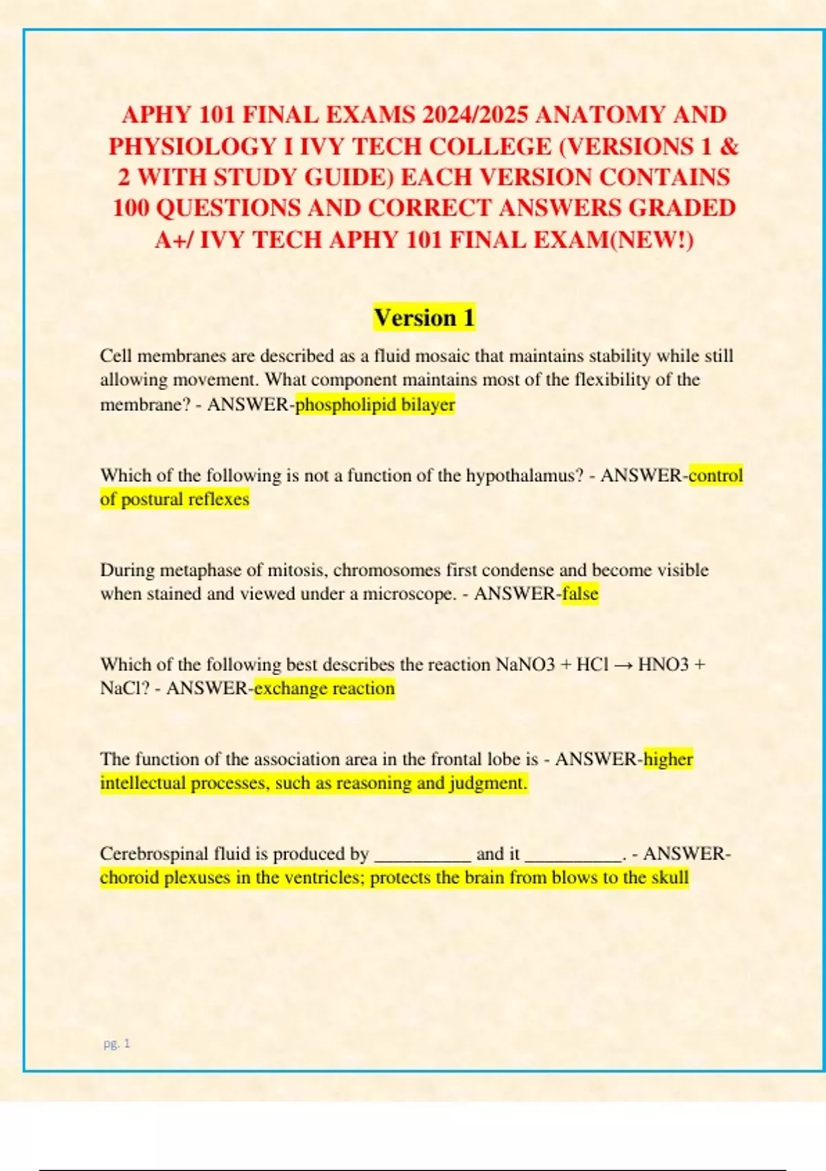 APHY 101 FINAL EXAMS 2024/2025 ANATOMY AND PHYSIOLOGY I IVY TECH ...