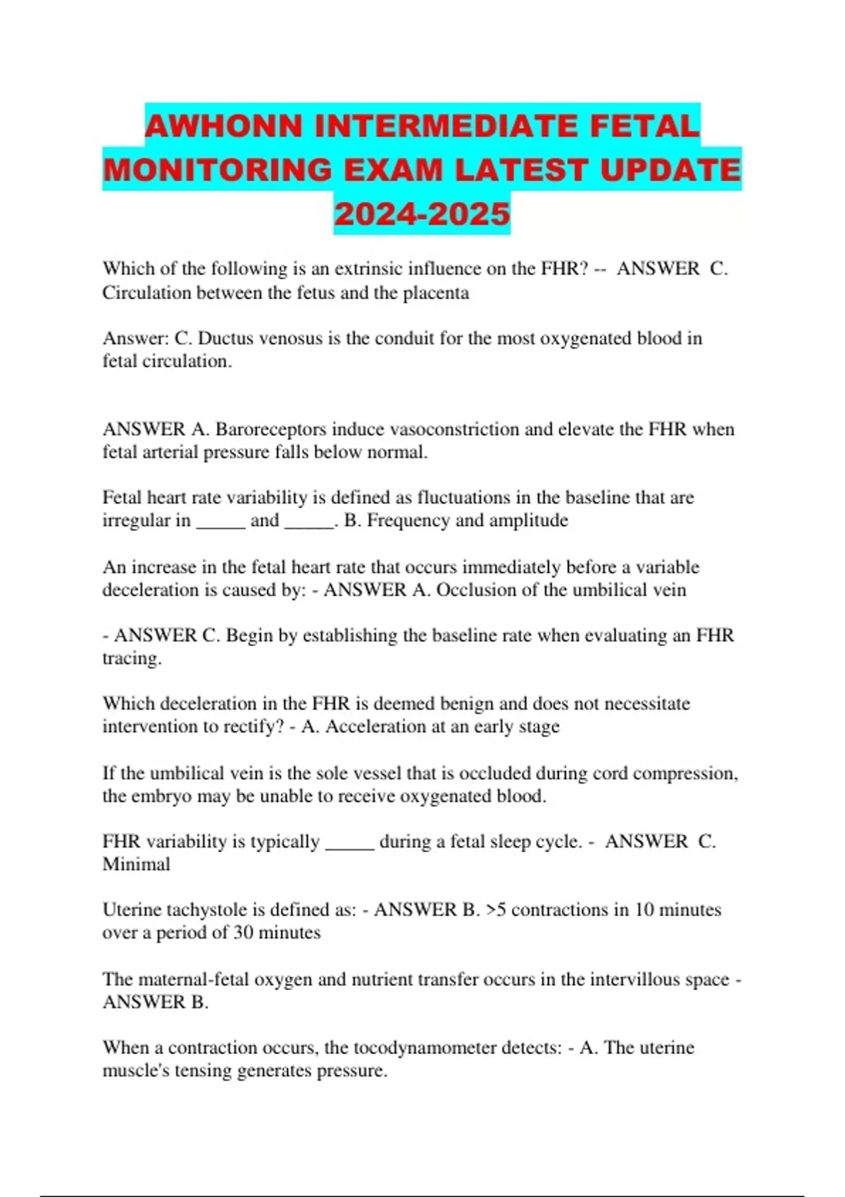 AWHONN INTERMEDIATE FETAL MONITORING EXAM LATEST UPDATE - AWHONN ...