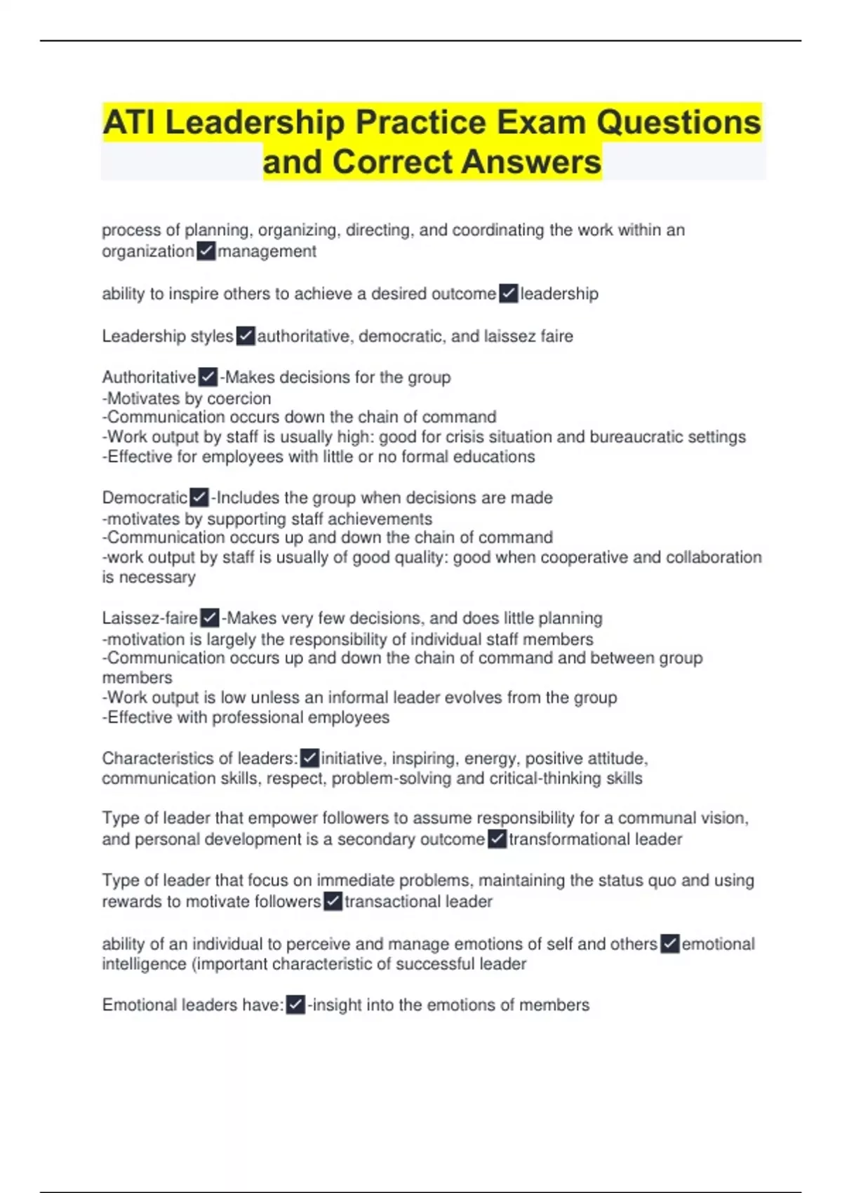 ATI Leadership Practice Exam Questions and Correct Answers - ATI ...