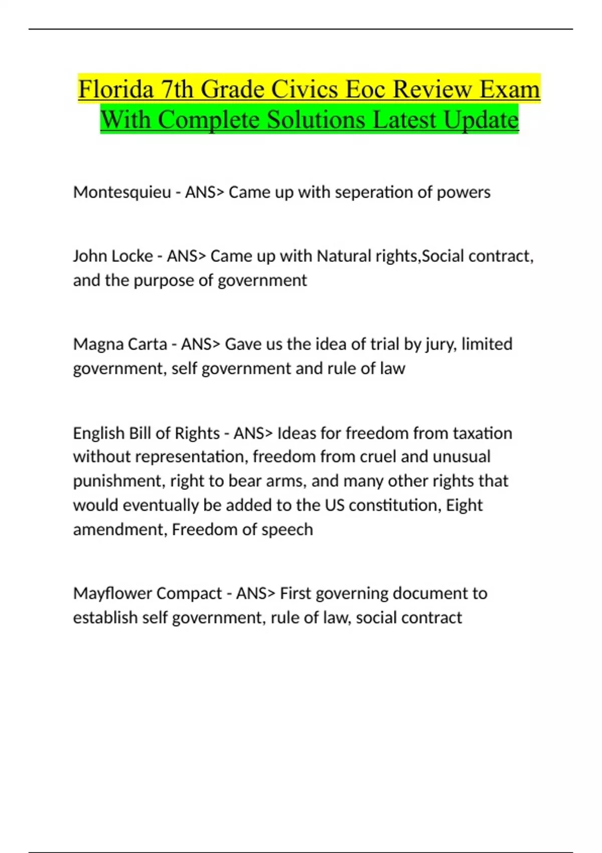 Florida 7th Grade Civics Eoc Review Exam With Complete Solutions Latest ...