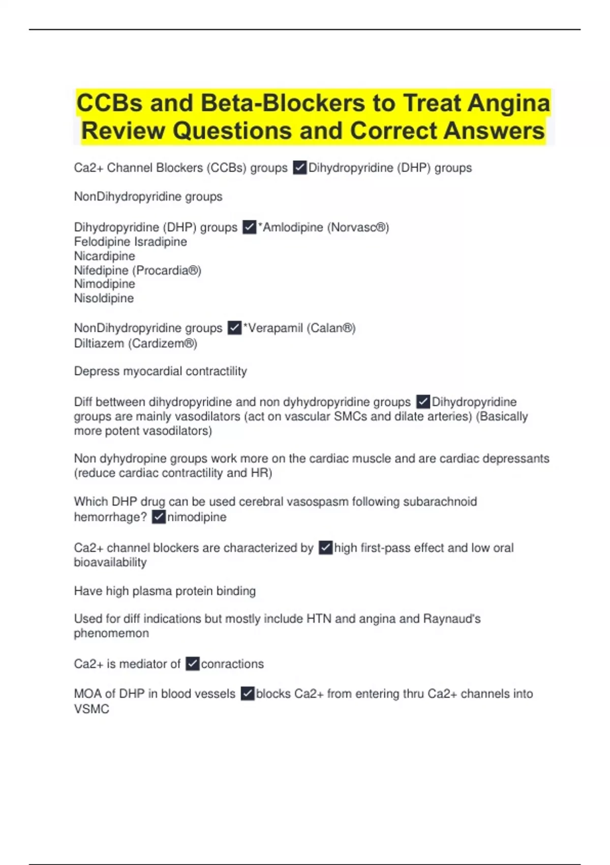 CCBs and Beta-Blockers to Treat Angina Review Questions and Correct ...