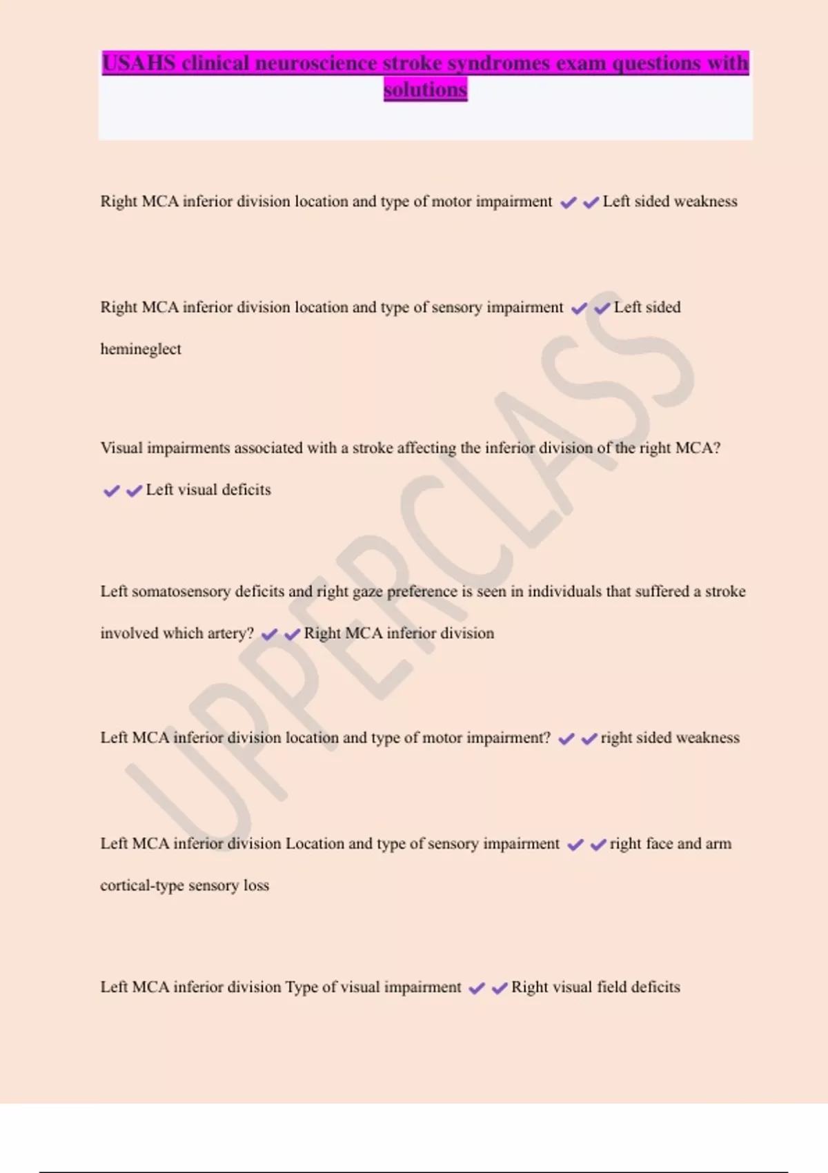 USAHS clinical neuroscience stroke syndromes exam questions with ...