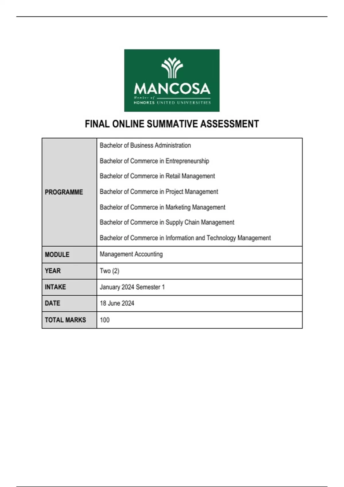 Mancosa Management accounting past papers and case study - Management ...