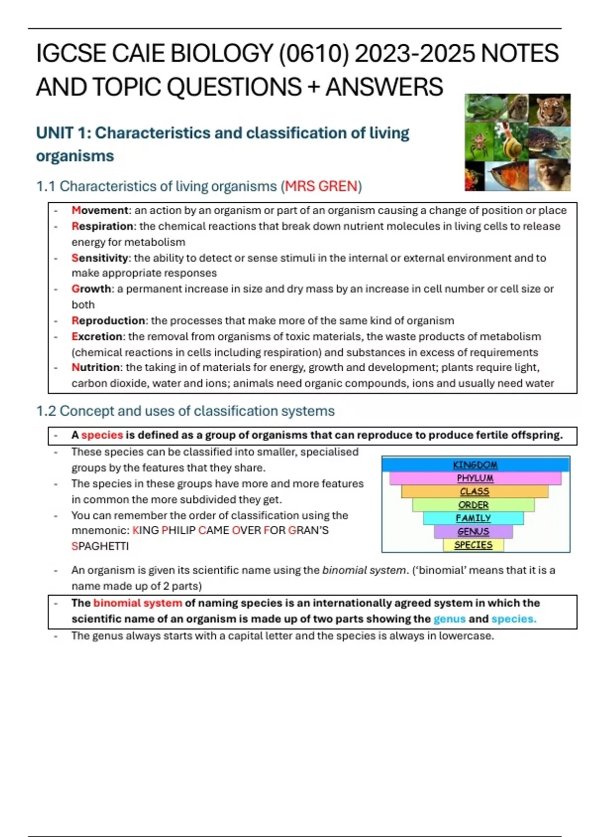 Summary IGCSE CAIE BIOLOGY (0610) NOTES AND TOPIC QUESTIONS - Biology ...