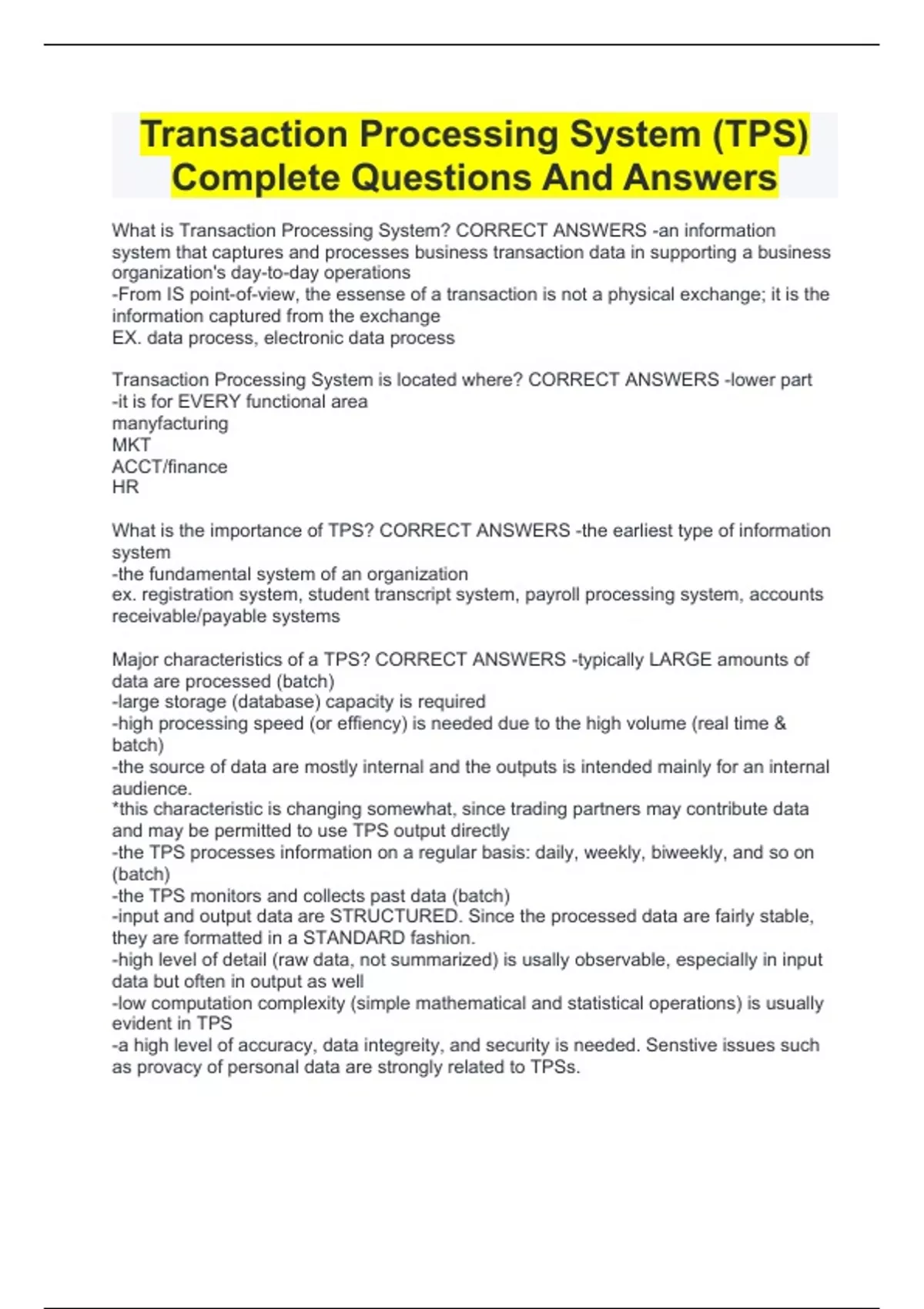 Transaction Processing System (TPS) Complete Questions And Answers - Transaction Processing ...