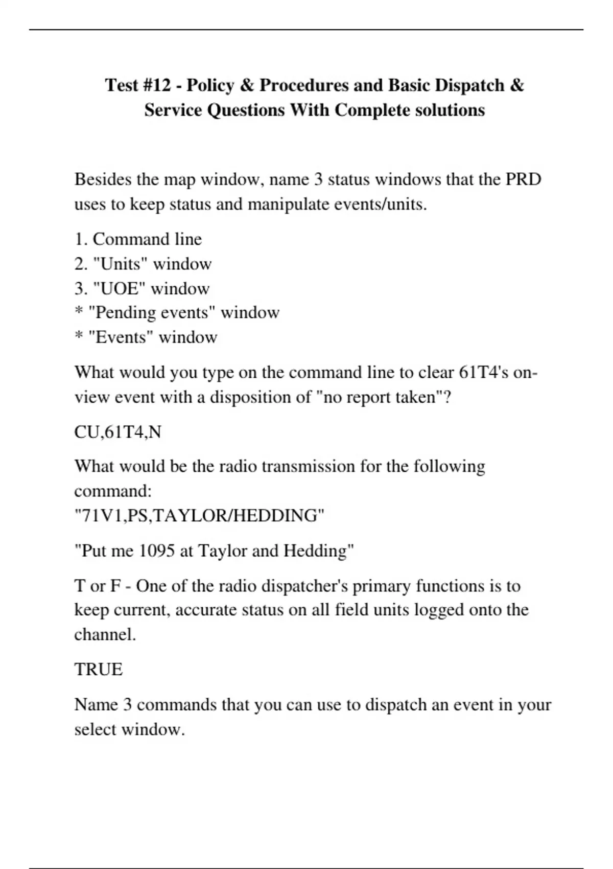 Test #12 - Policy & Procedures and Basic Dispatch & Service Questions ...