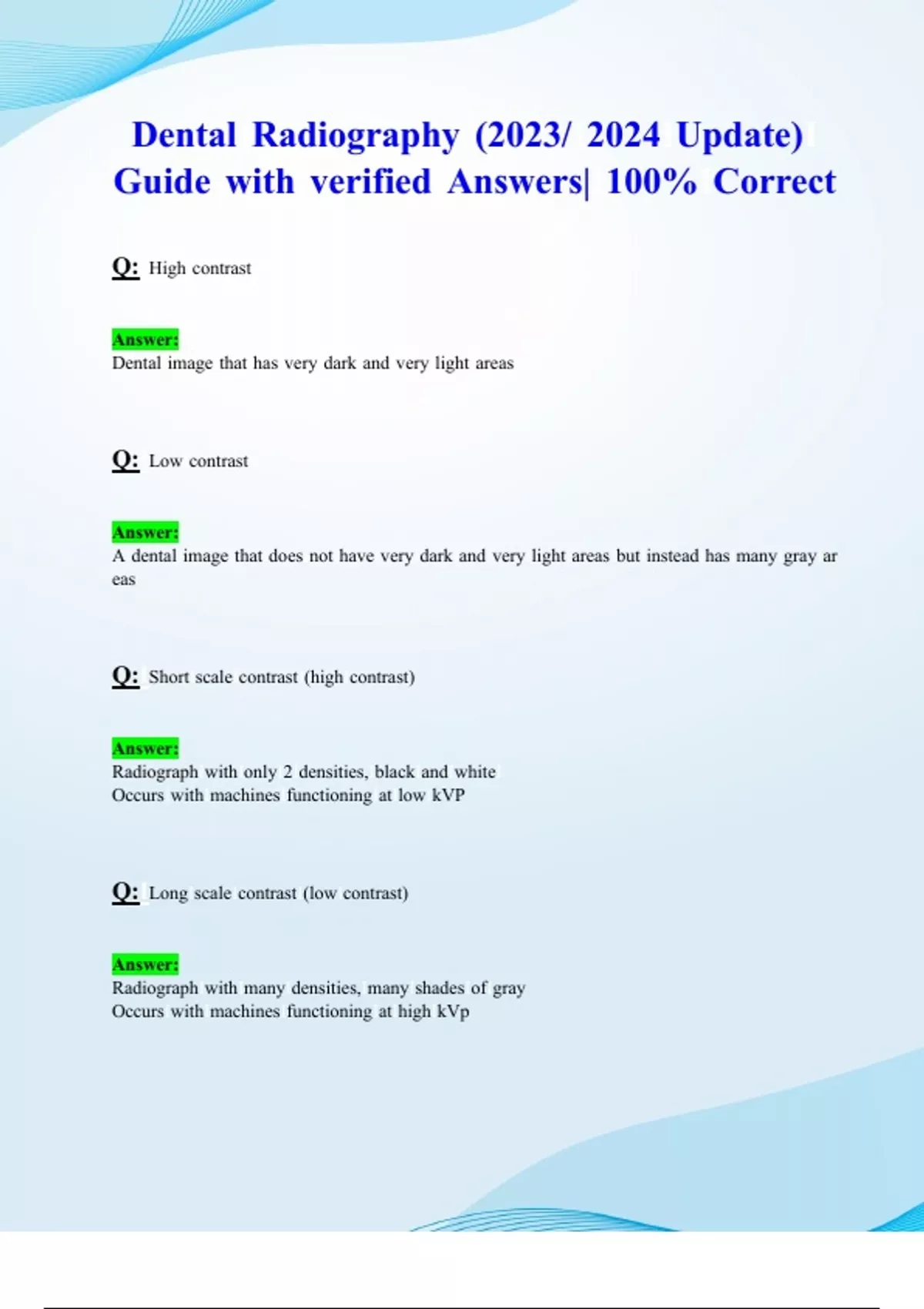 Dental Radiography (2023/ 2024 Update) Guide with verified Answers| 100% Correct - Dental ...